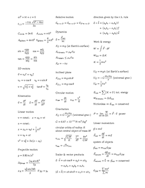 PHY 131 Midterm 2 Study Sheet - PHY 131 - SBU - Studocu