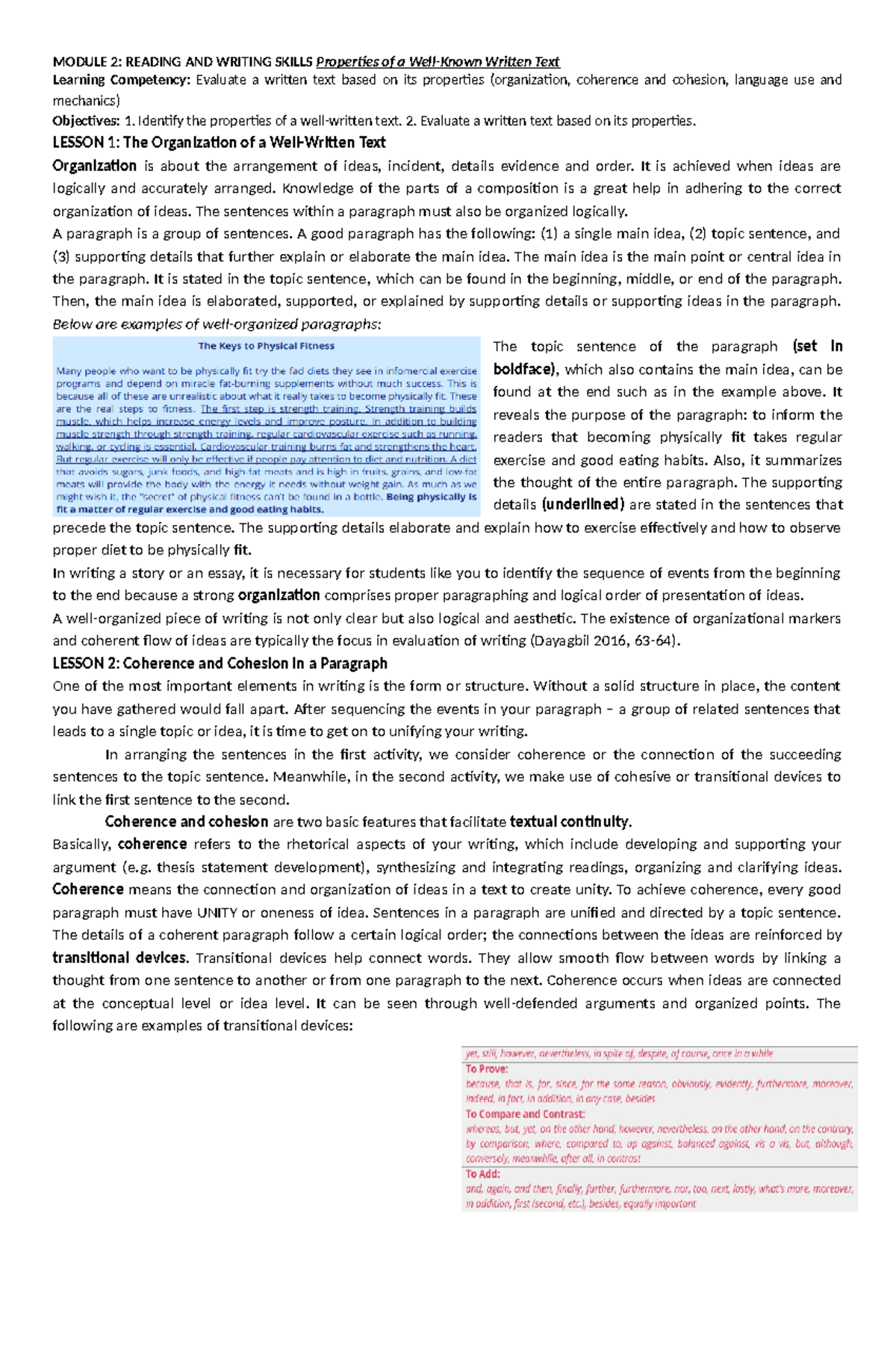 Module-2- Handsout - MODULE 2: READING AND WRITING SKILLS Properties of a Well-Known Written ...