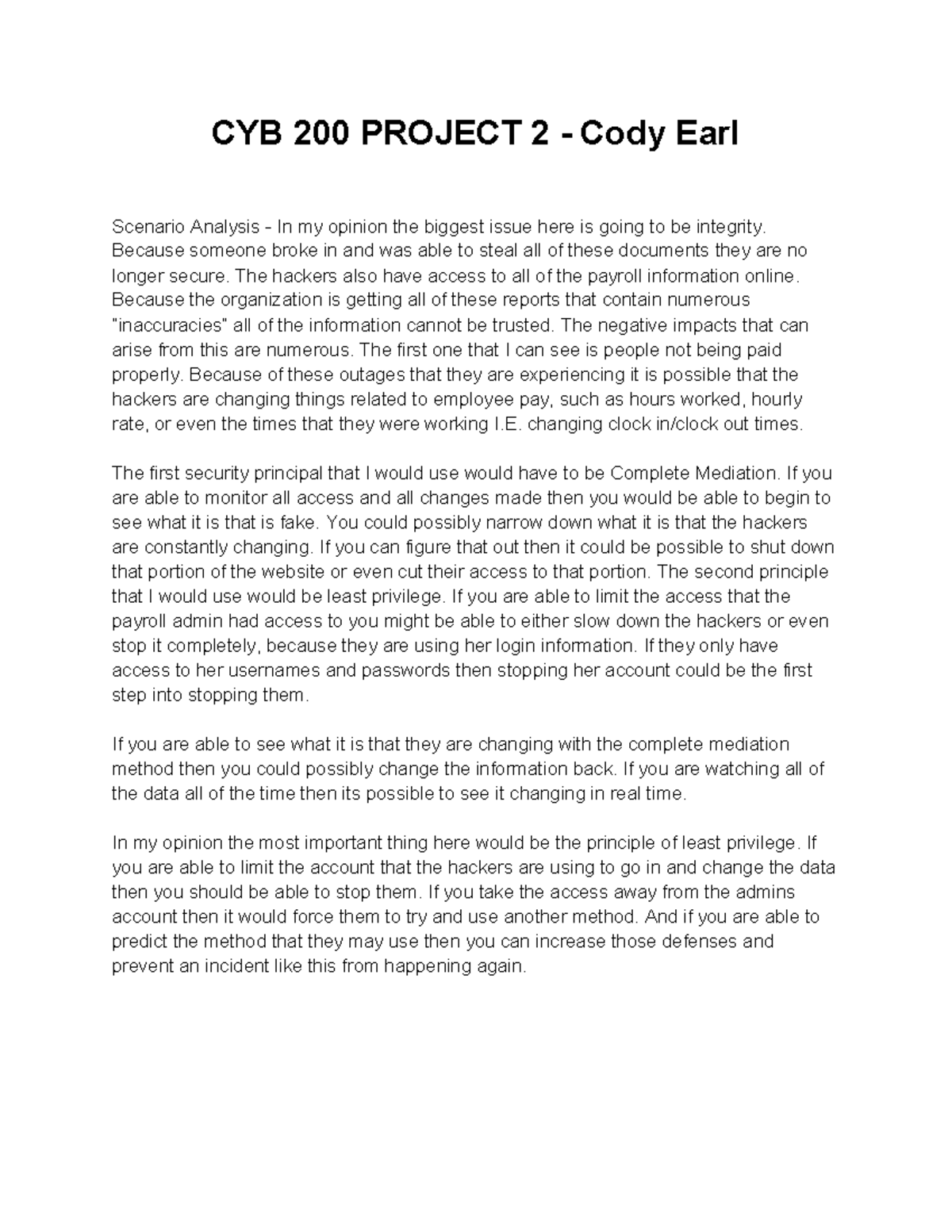 CYB 200 Project 2 - Cody Earl - CYB 200 PROJECT 2 - Cody Earl Scenario ...