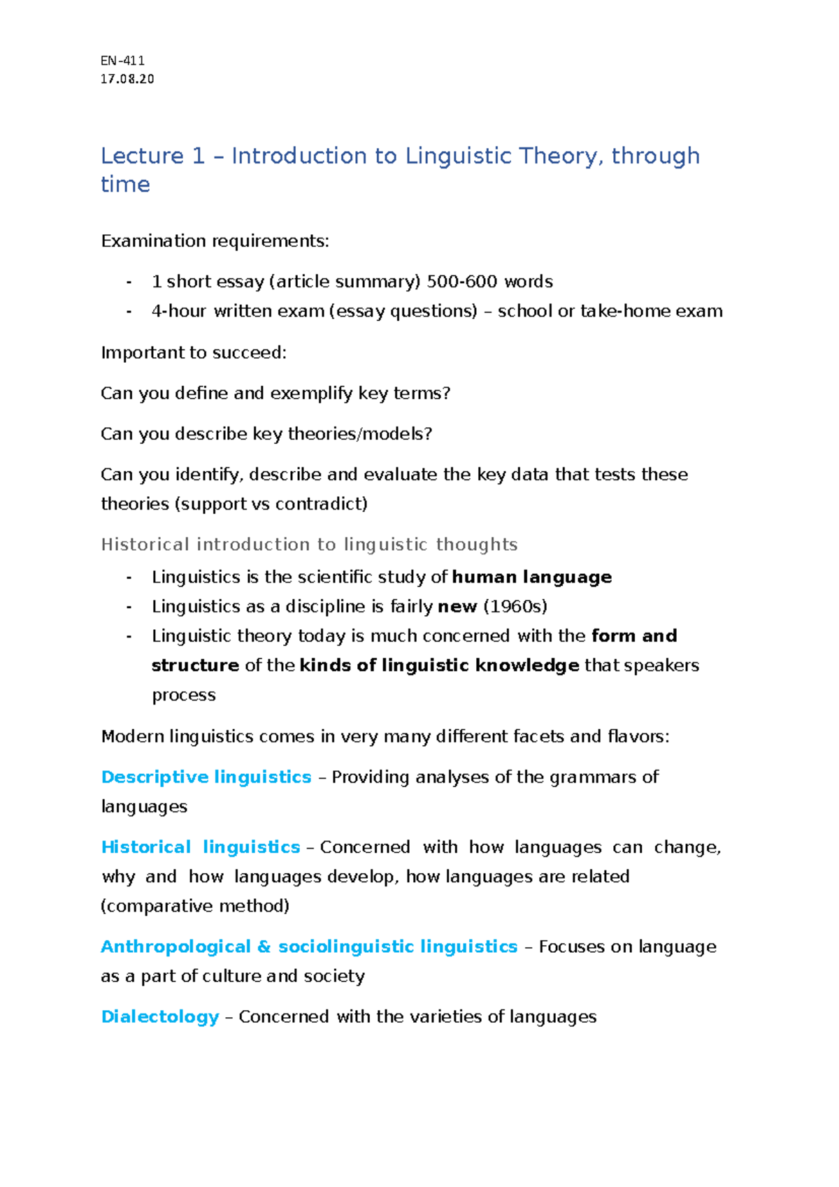 Lecture 1 - Introduction to Linguistic Theory, through time - Lecture 1 ...