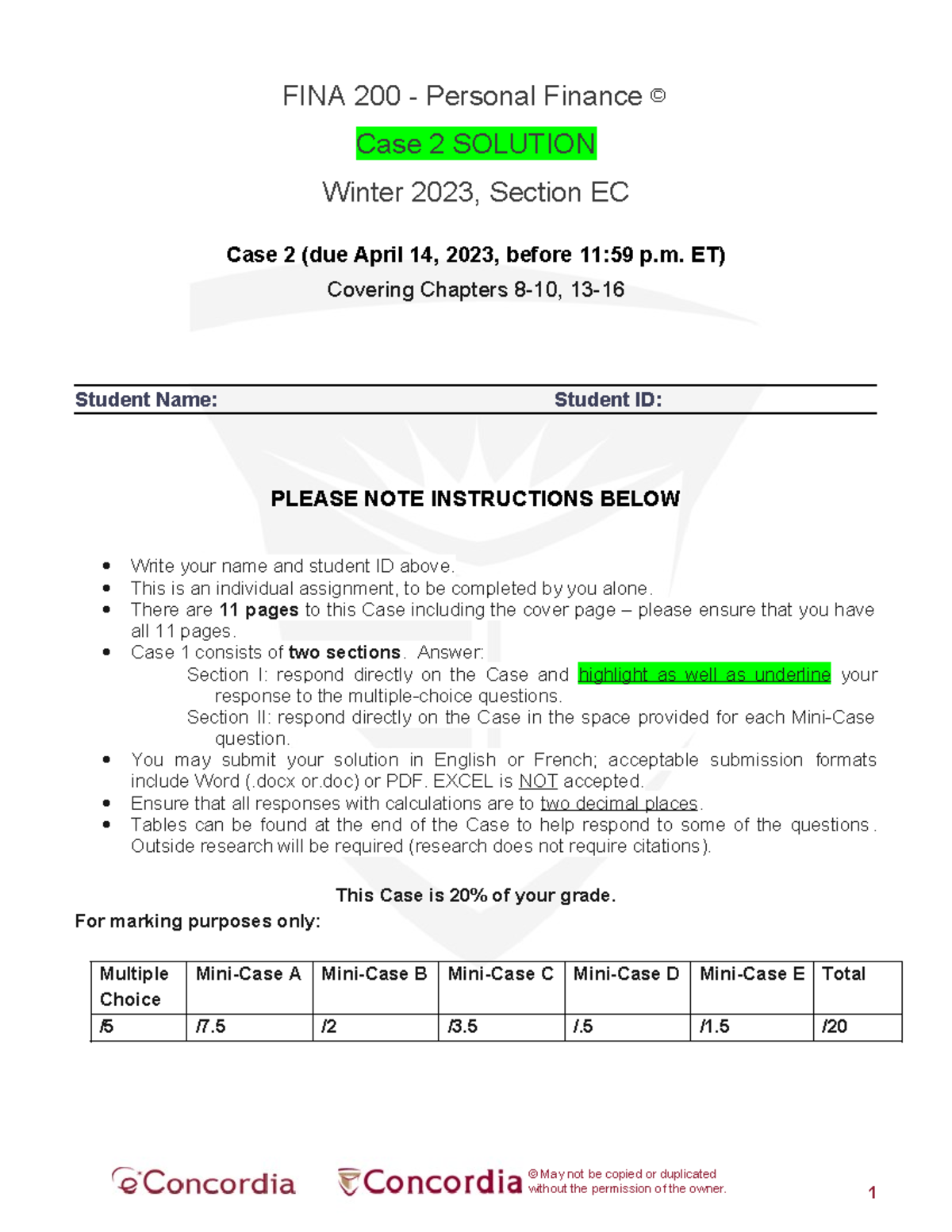 CASE 2 Solution - Assignment 2 - © May not be copied or duplicated ...
