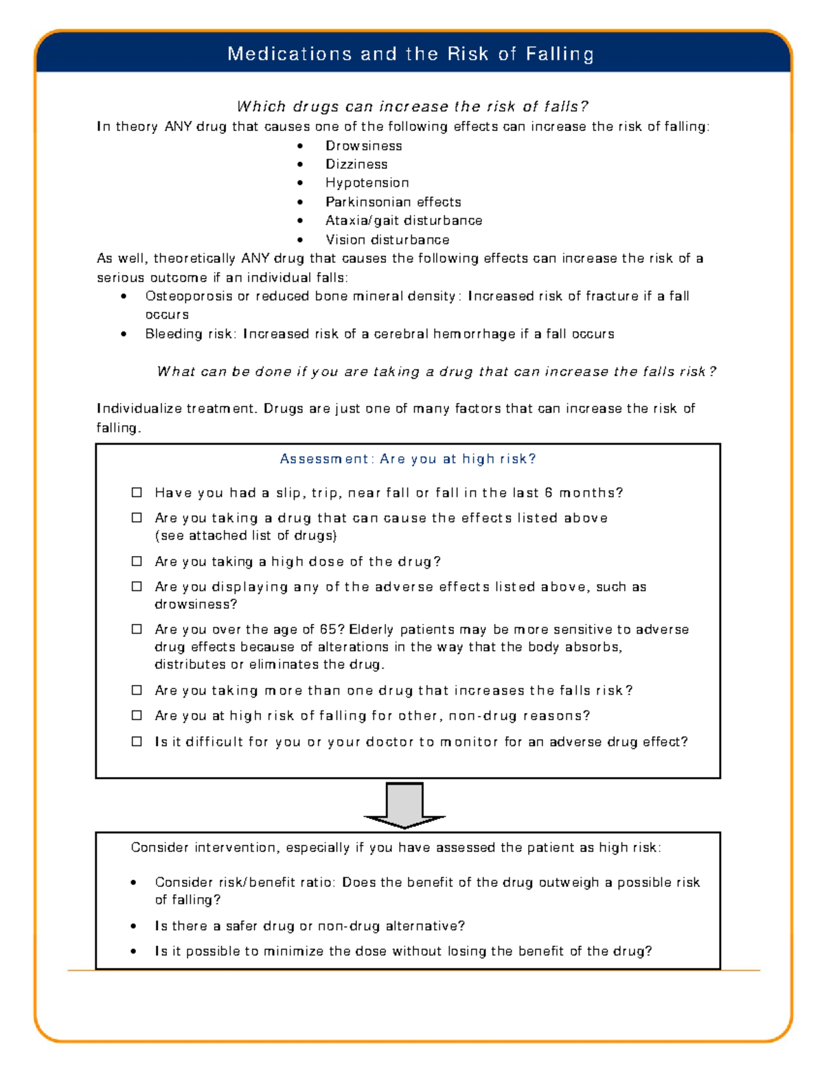 Falls risks - M e d i ca t i o n s a n d t h e Ri sk o f Fa l l i n g W ...