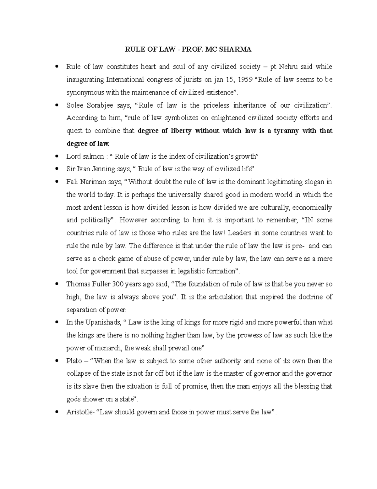 RULE OF LAW - Lecture notes 3 - RULE OF LAW - PROF. MC SHARMA Rule of ...