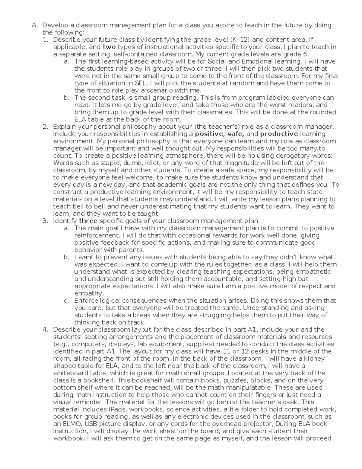 DKM3 Task 1 - none - A. Develop a classroom management plan for a class ...