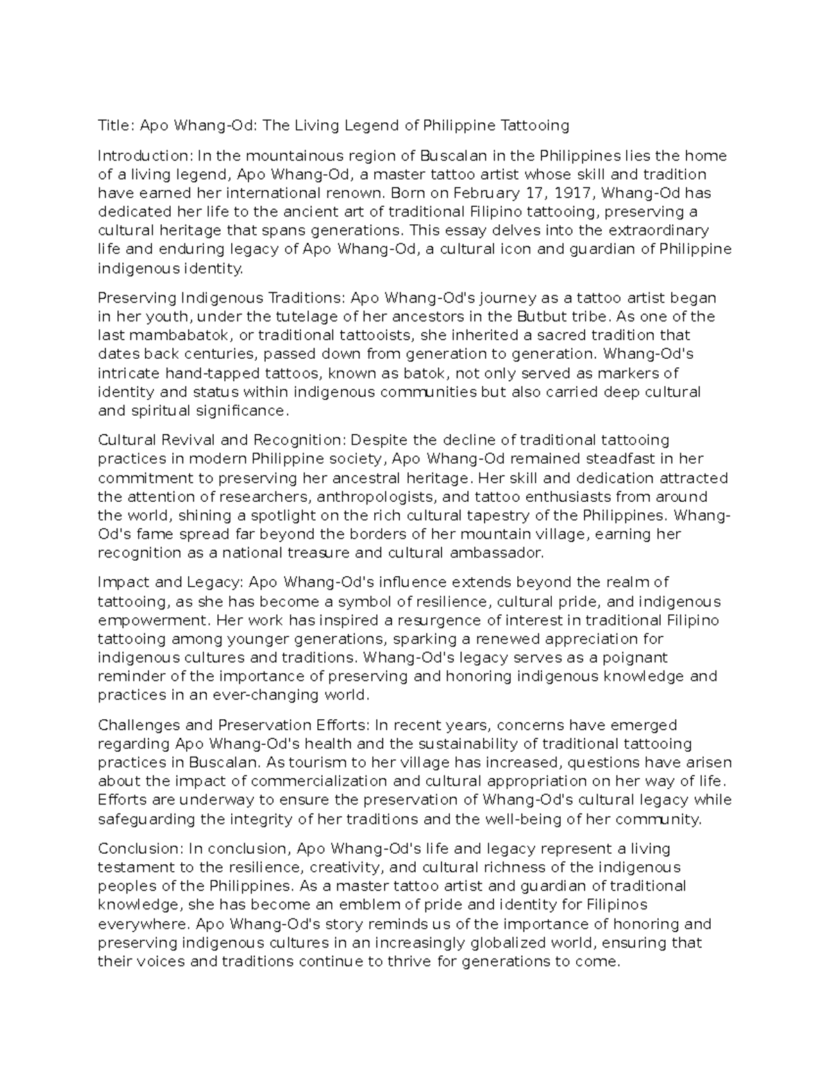 APO WANG OD - LITERARY PIECE - Title: Apo Whang-Od: The Living Legend ...