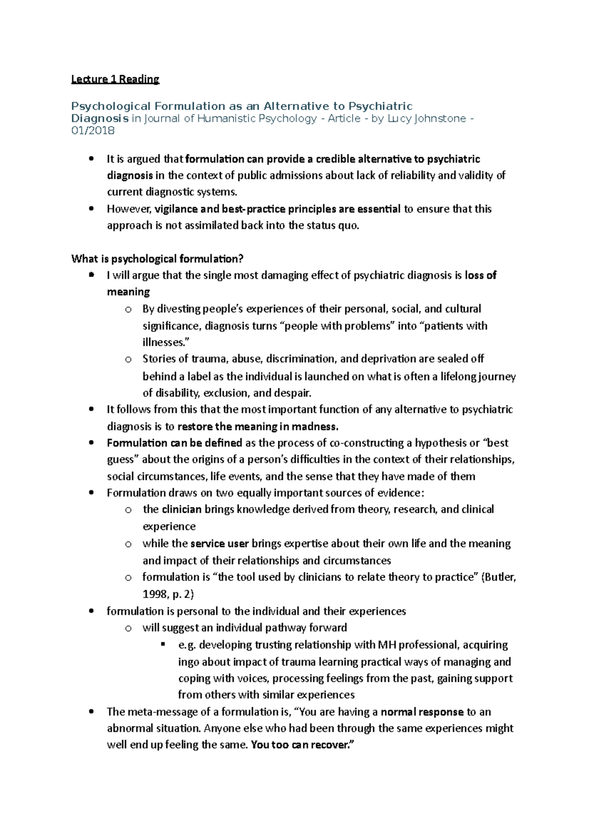 Lecture 1 Reading Notes Formulation Lecture 1 Reading Psychological
