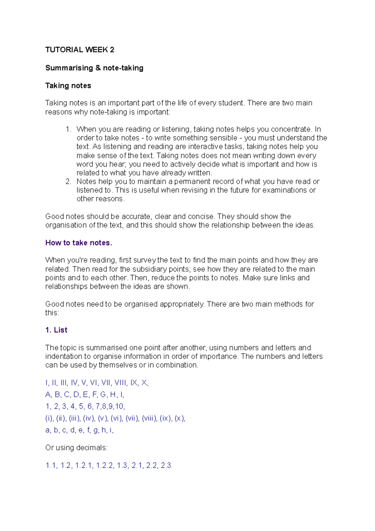 WEEK 2 Summarising and Note Taking - TUTORIAL WEEK 2 Summarising & note ...