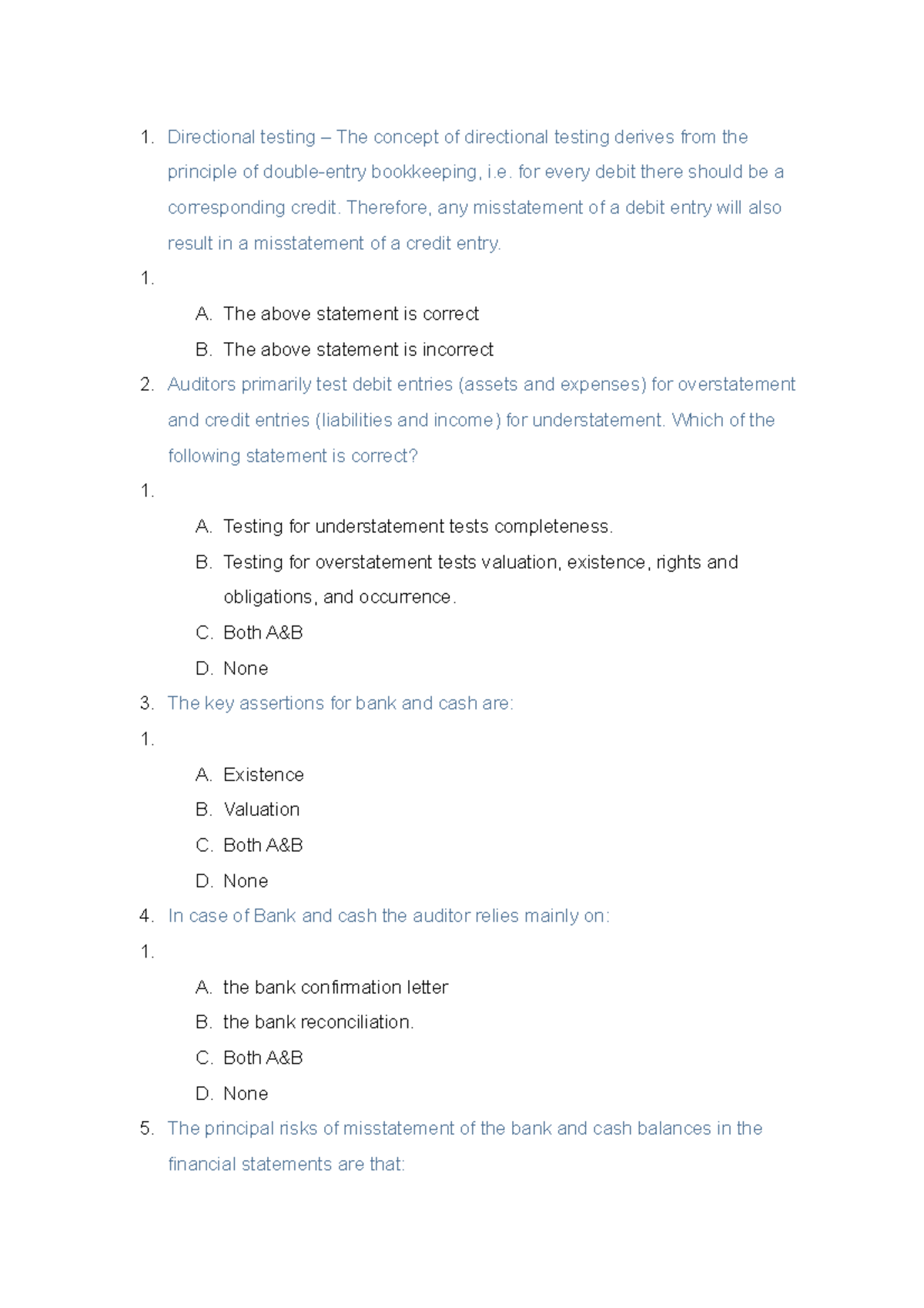 Directional testing- internal control - mcq AA - Directional testing ...
