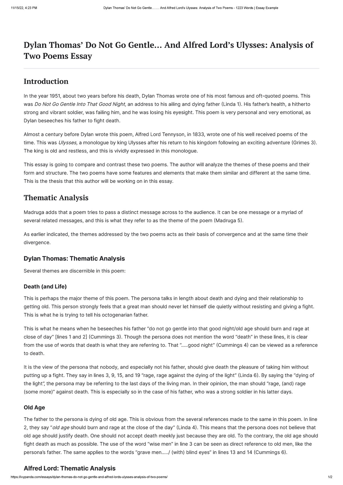 W80 - poem essay - 11/15/22, 4:23 PM Dylan Thomas' Do Not Go Gentle ...