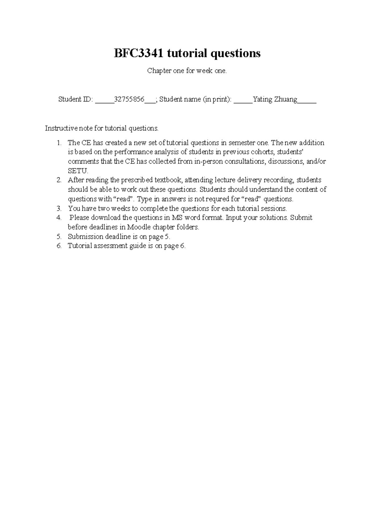 Tutorial Q - BFC3341 tutorial questions Chapter one for week one ...