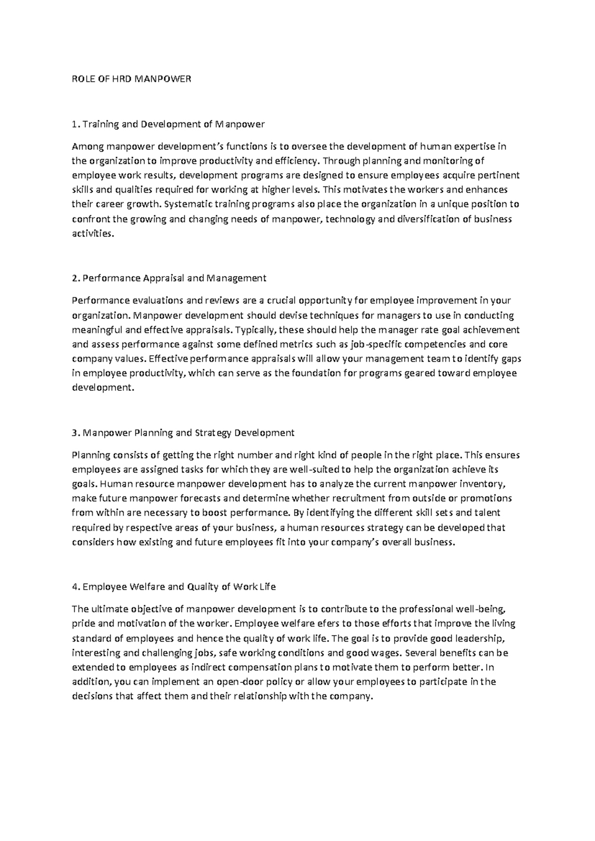 ROLE OF HRD Manpower - ROLE OF HRD MANPOWER Training and Development of ...