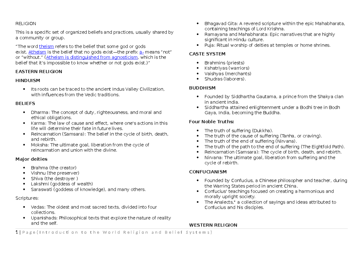 HAND-OUTS WEEK 1 - RELIGION This is a specific set of organized beliefs ...