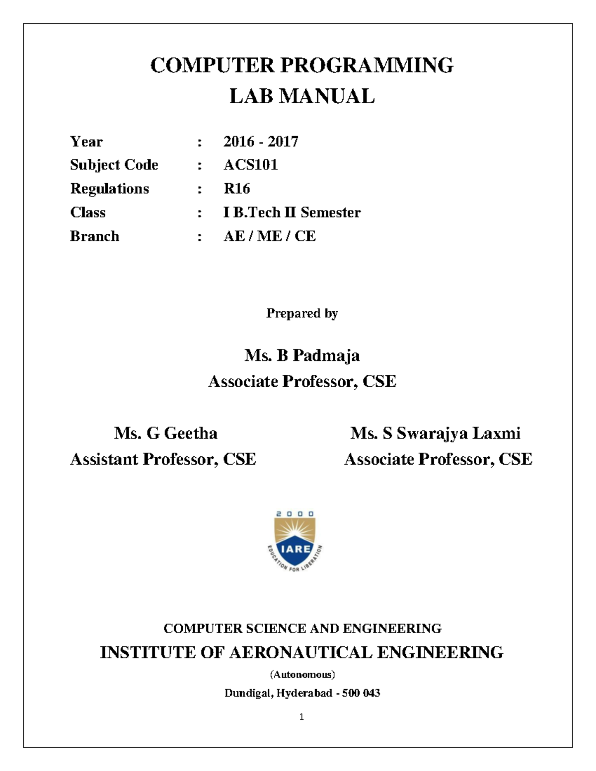 CP Lab Manual 2016-1 0 - COMPUTER PROGRAMMING LAB MANUAL Year : 2016 - 2017 Subject Code : ACS ...
