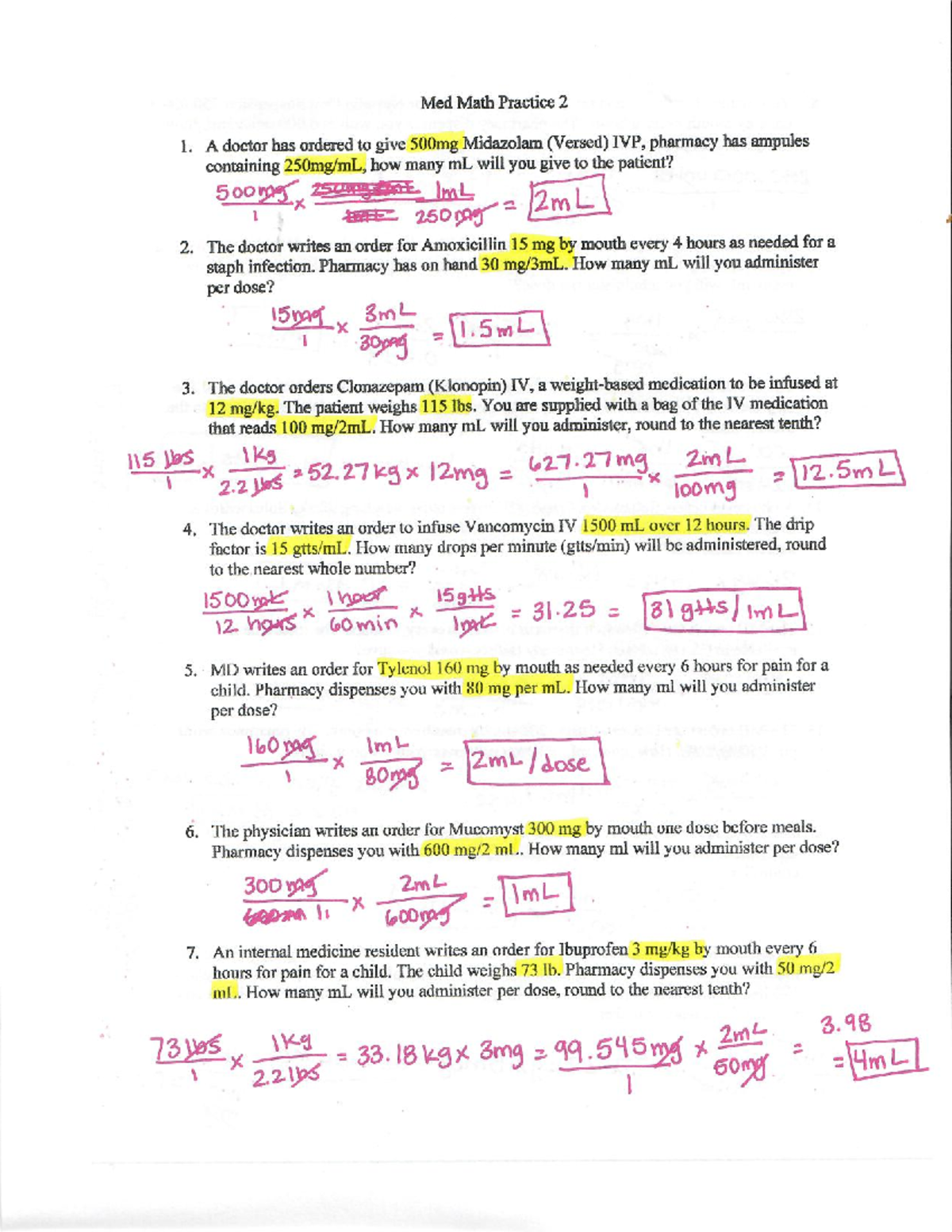 Med Math Practice 3 Solution Set 1 - NURS 120 - Studocu