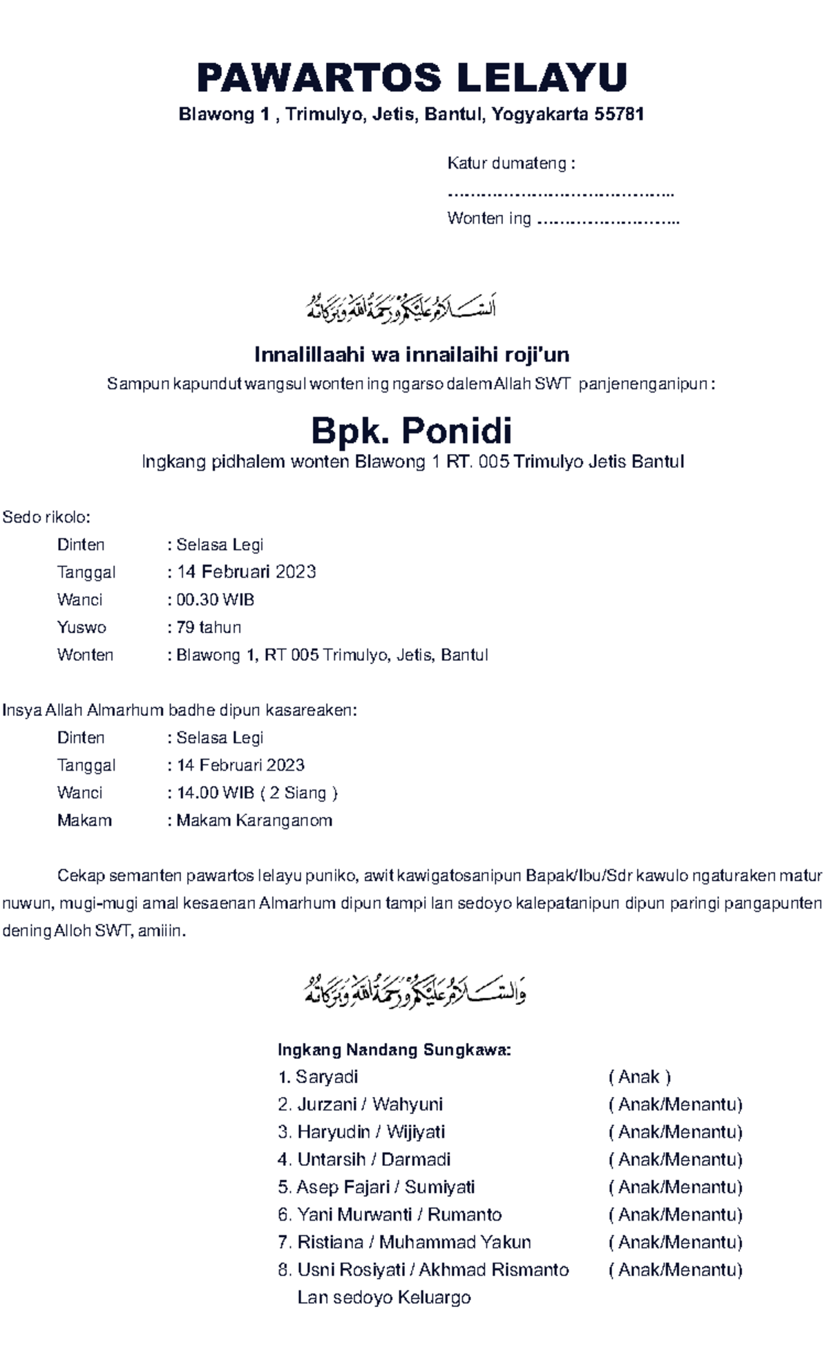Pak ponidi - PAWARTOS LELAYU Blawong 1 , Trimulyo, Jetis, Bantul ...