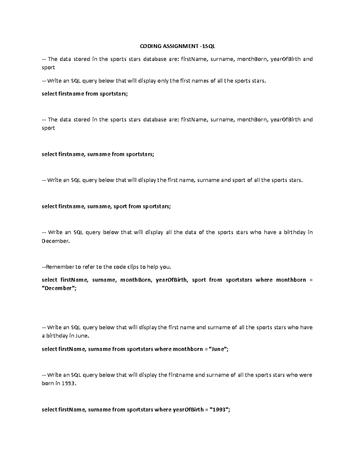 Sql Coding Assigment Coding Assignment 1sql The Data Stored In The Sports Stars Database