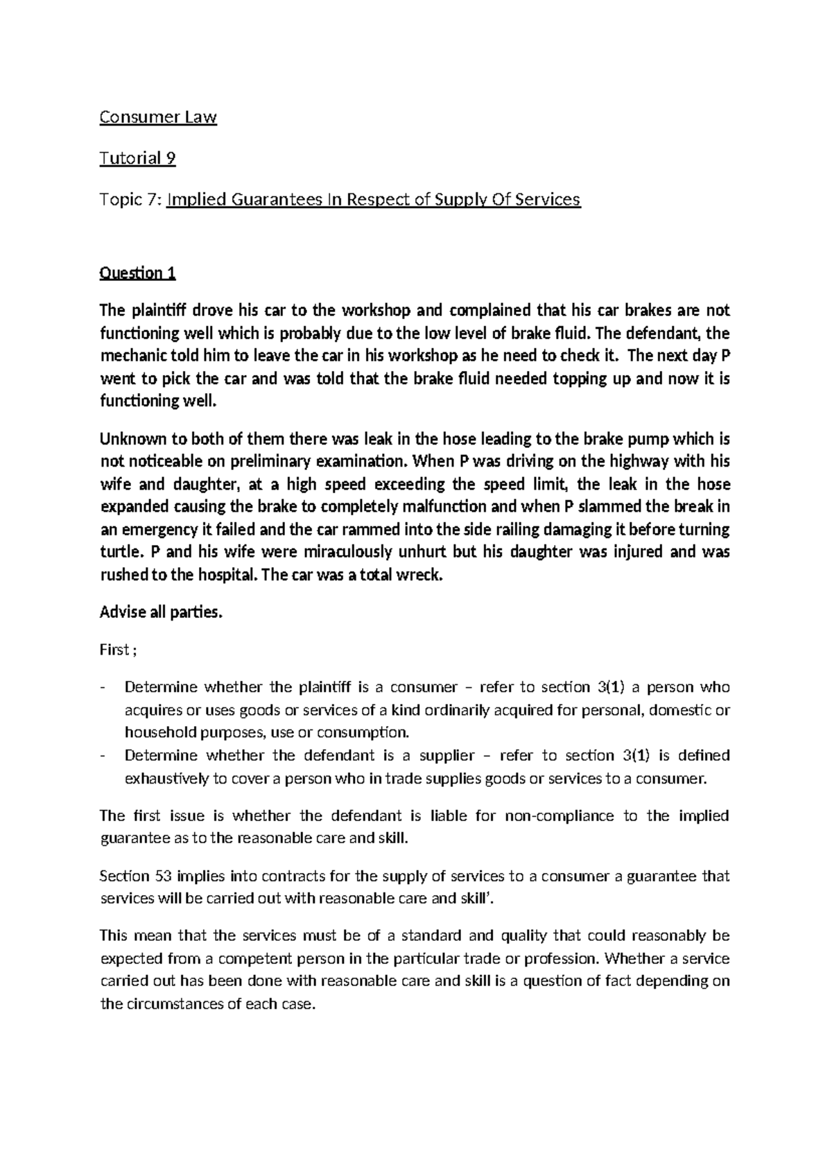 Consumer Law Tutorial 9 - Consumer Law Tutorial 9 Topic 7: Implied ...