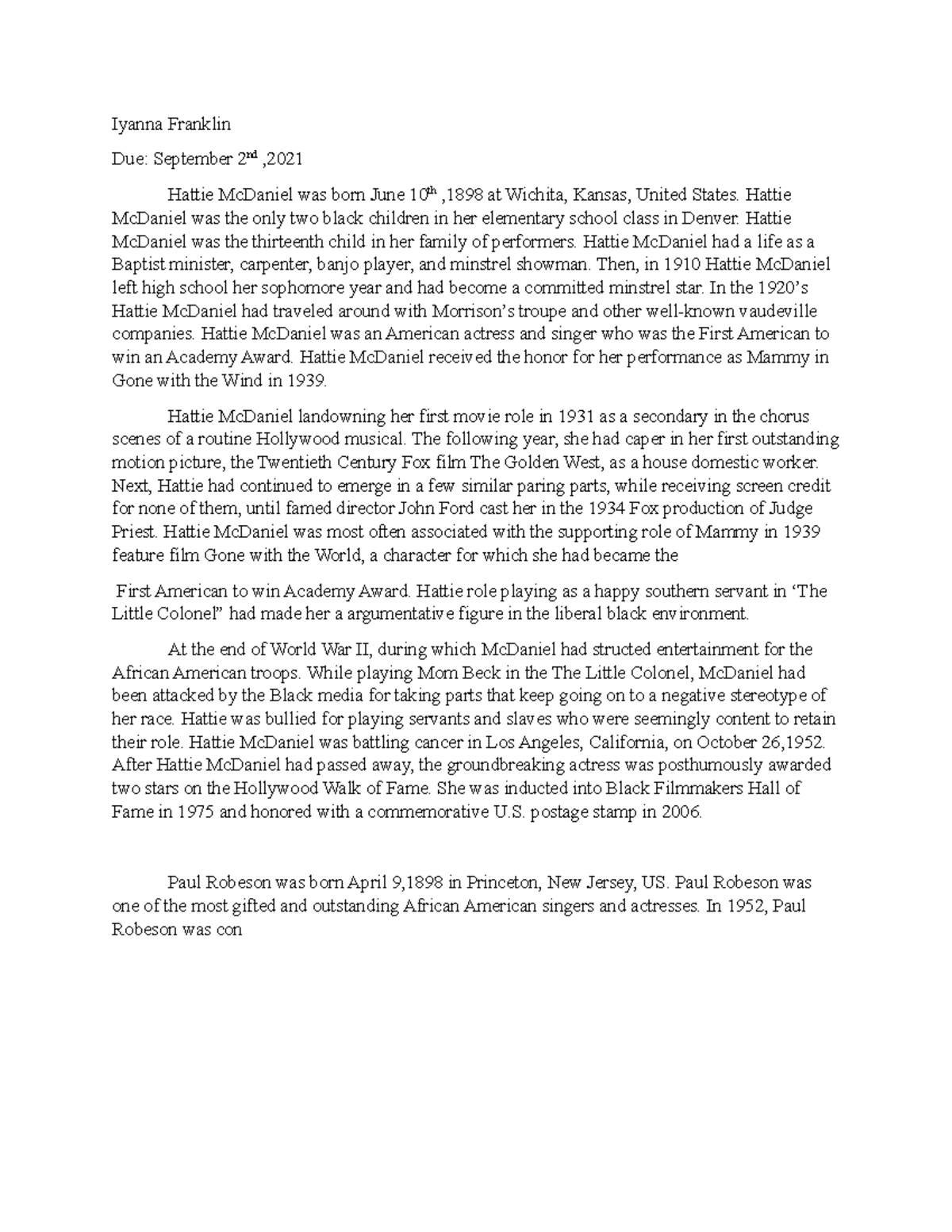 4 Famous People - Iyanna Franklin Due: September 2nd , Hattie McDaniel ...