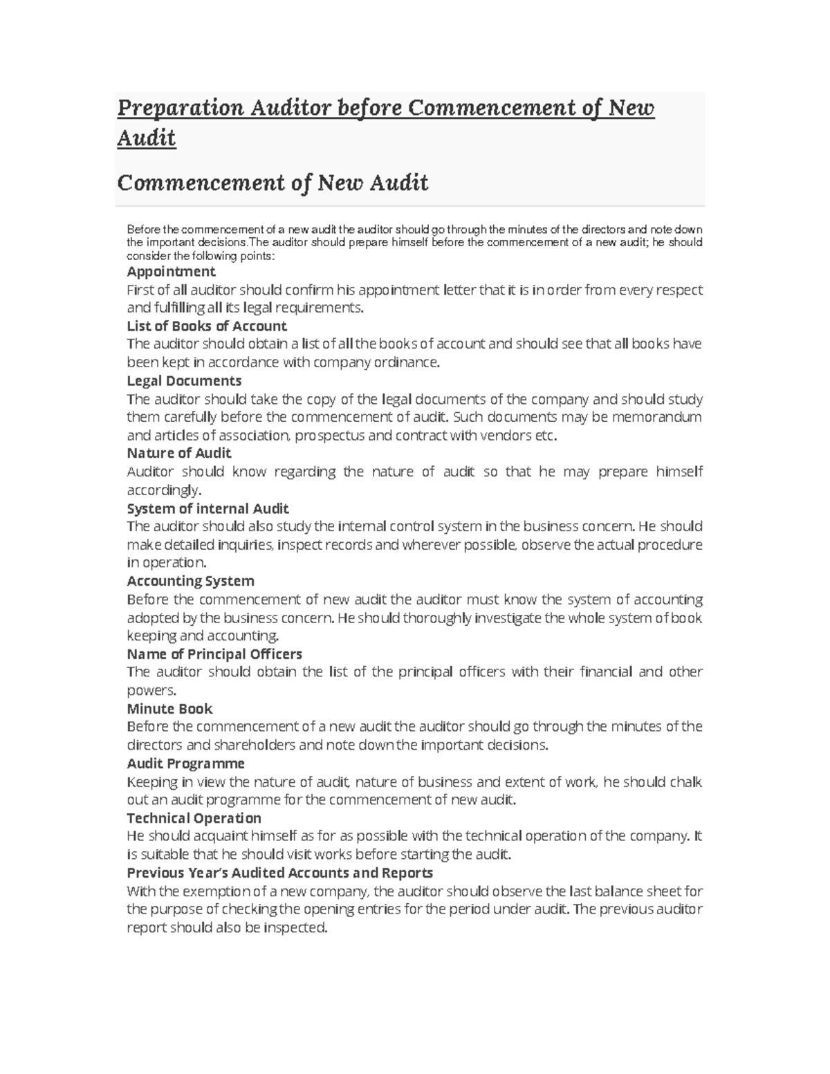 Preparation Auditor before Commencement of New Audit - - Studocu