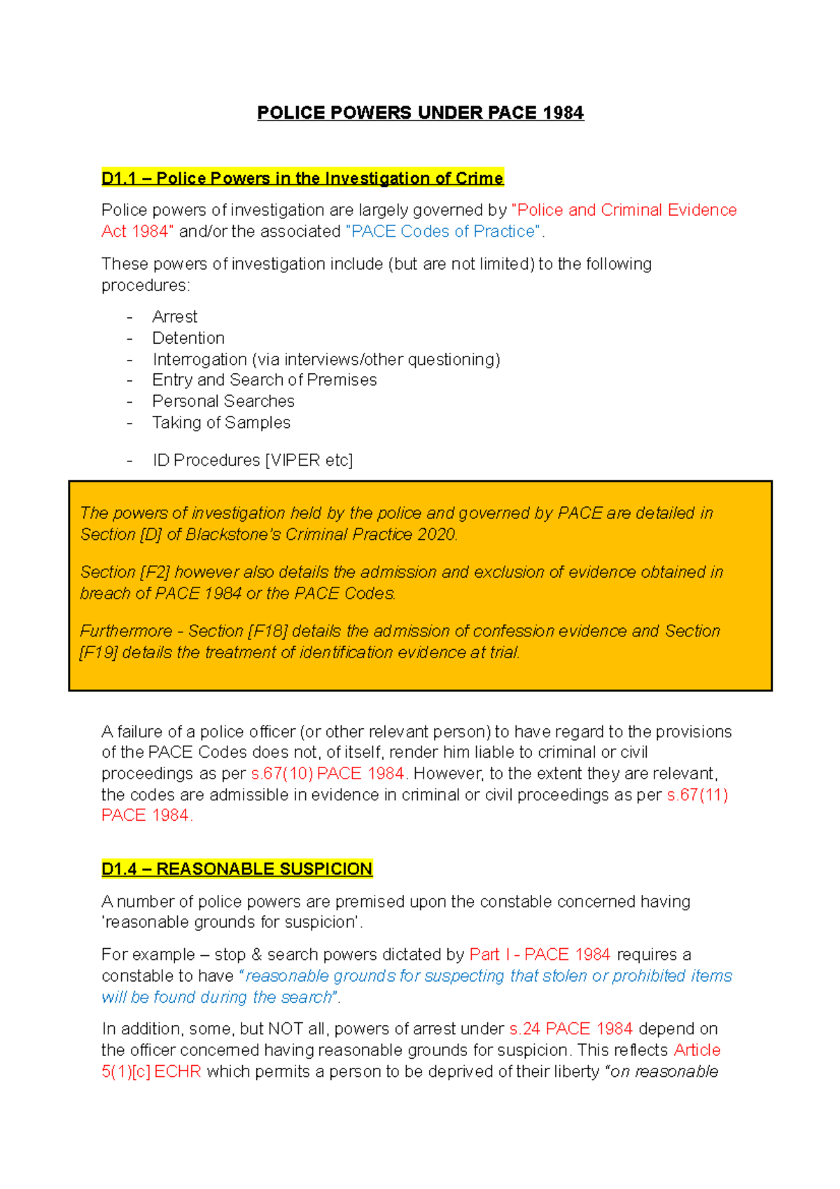 Crim Lit 6-Confessions( Pacebreaches) - POLICE POWERS UNDER PACE 1984 ...