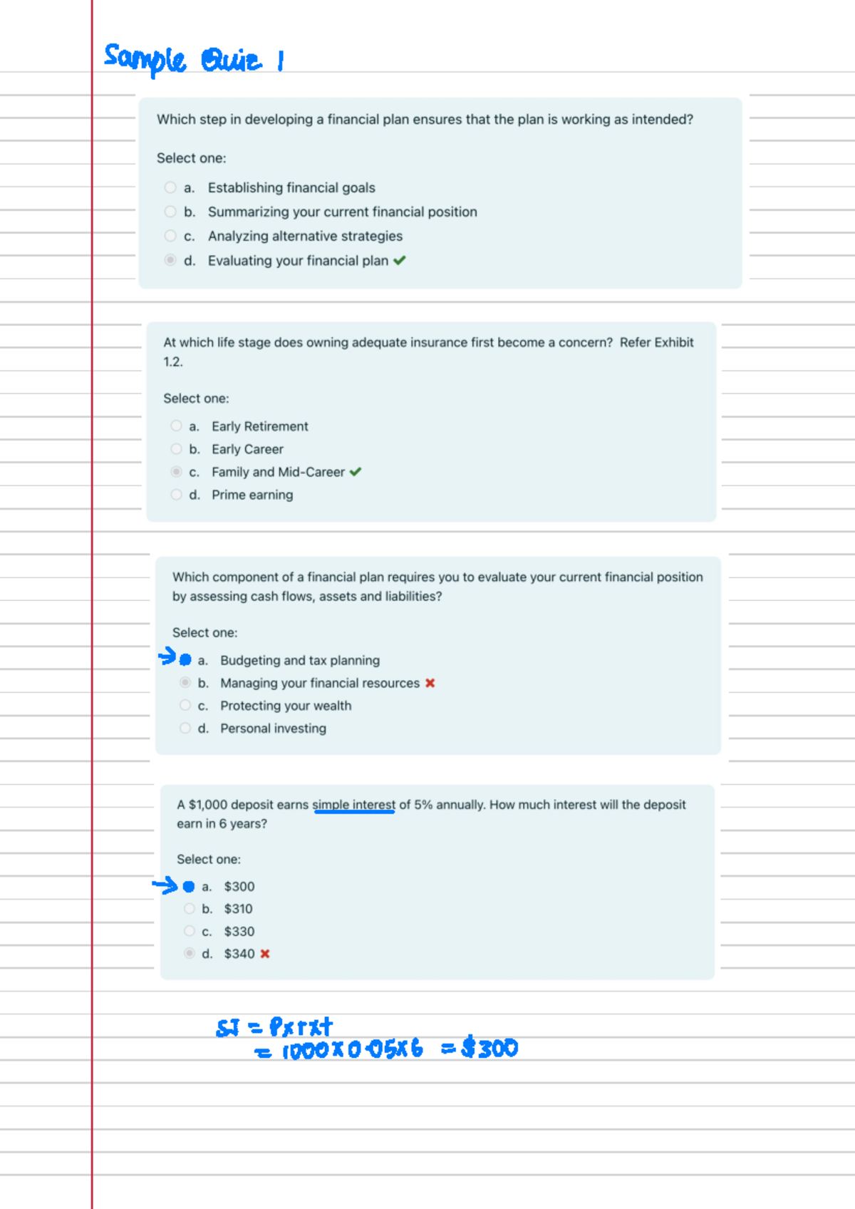 FINA 200 - quiz - FINA 200 - Sample Quiz - > SI = PXrXt = 1000X0 . 05x6 ...