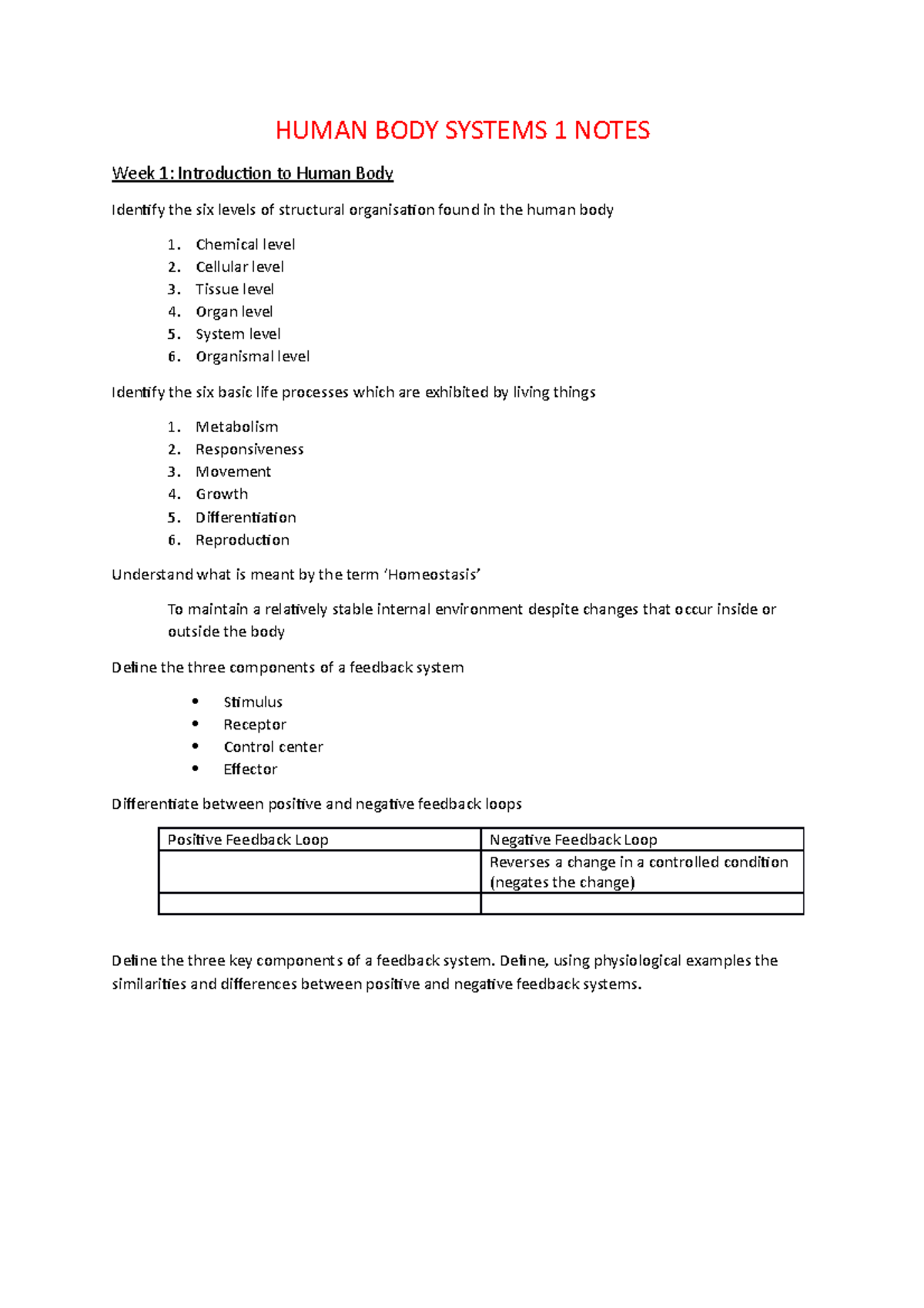 Human Body Systems 1 Notes - HUMAN BODY SYSTEMS 1 NOTES Week 1 ...