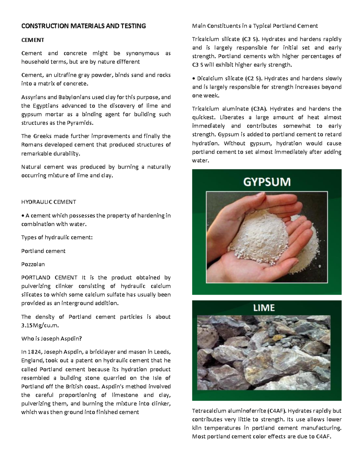 QUIZ 1- Notes - Construction Materials and Testing - CONSTRUCTION ...