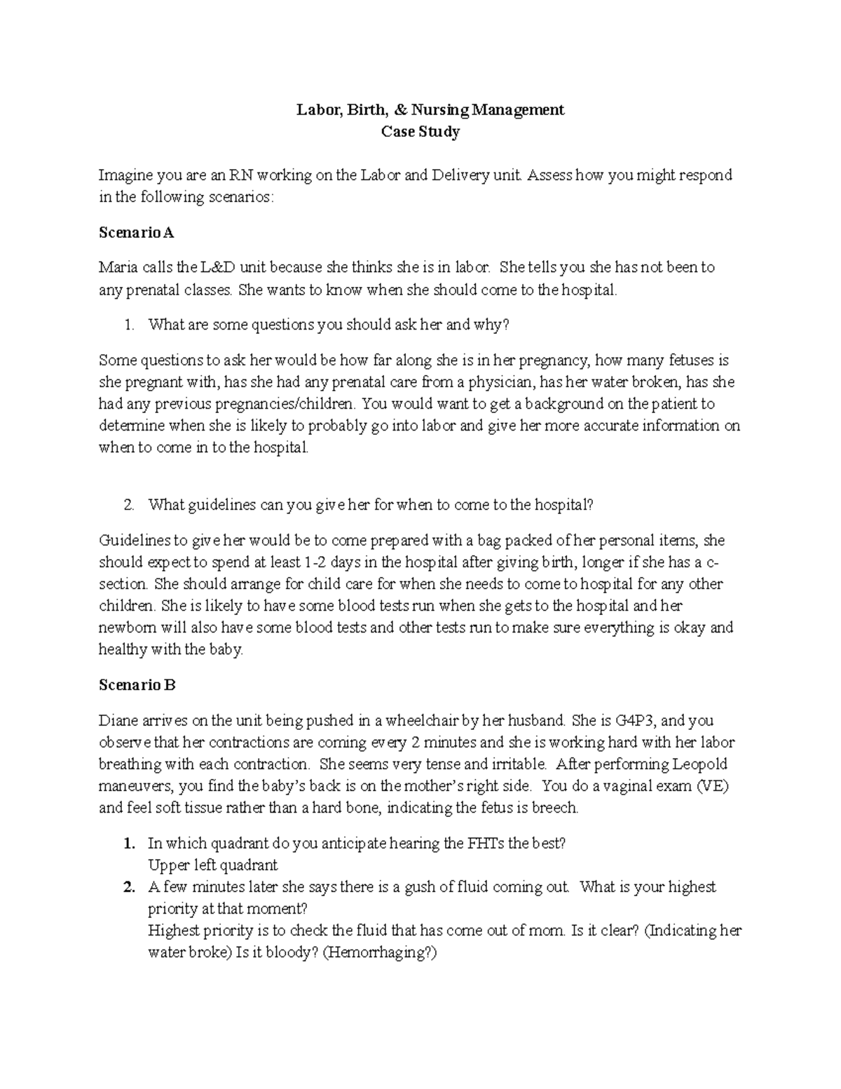 Labor Case studies - N/A - Labor, Birth, & Nursing Management Case ...