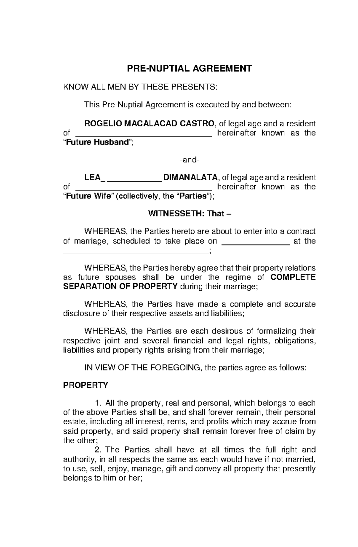 Pre Nup Agreement - PRE-NUPTIAL AGREEMENT KNOW ALL MEN BY THESE ...