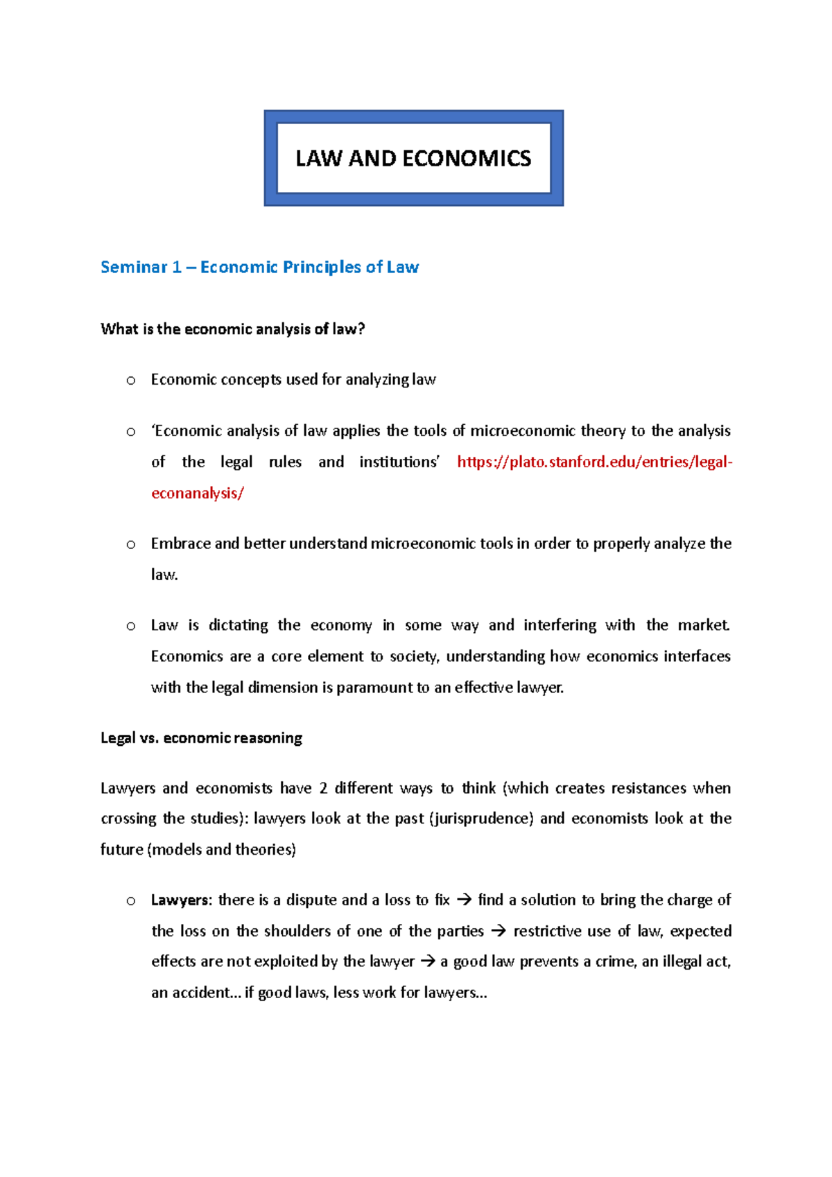 Law and Economics Notes - LAW AND ECONOMICS Seminar 1 – Economic ...