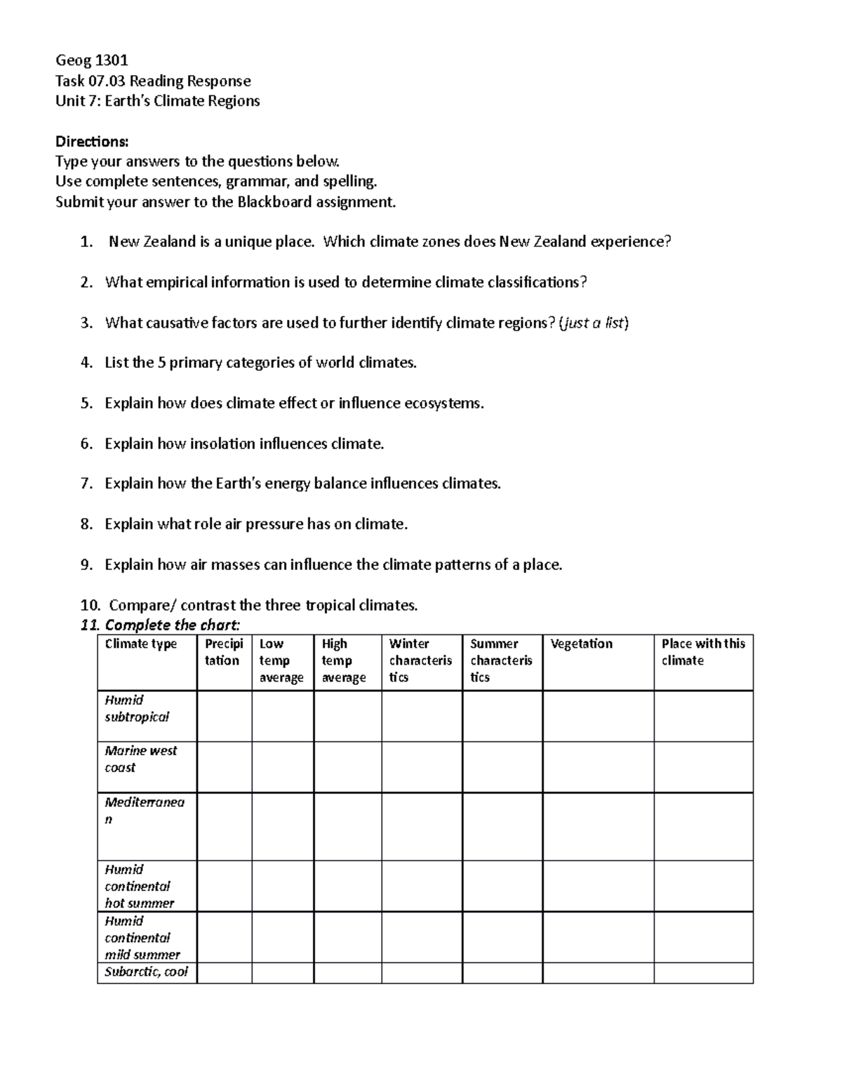 Task 07.03 Reading Response - Geog 1301 Task 07 Reading Response Unit 7: Earth’s Climate Regions ...