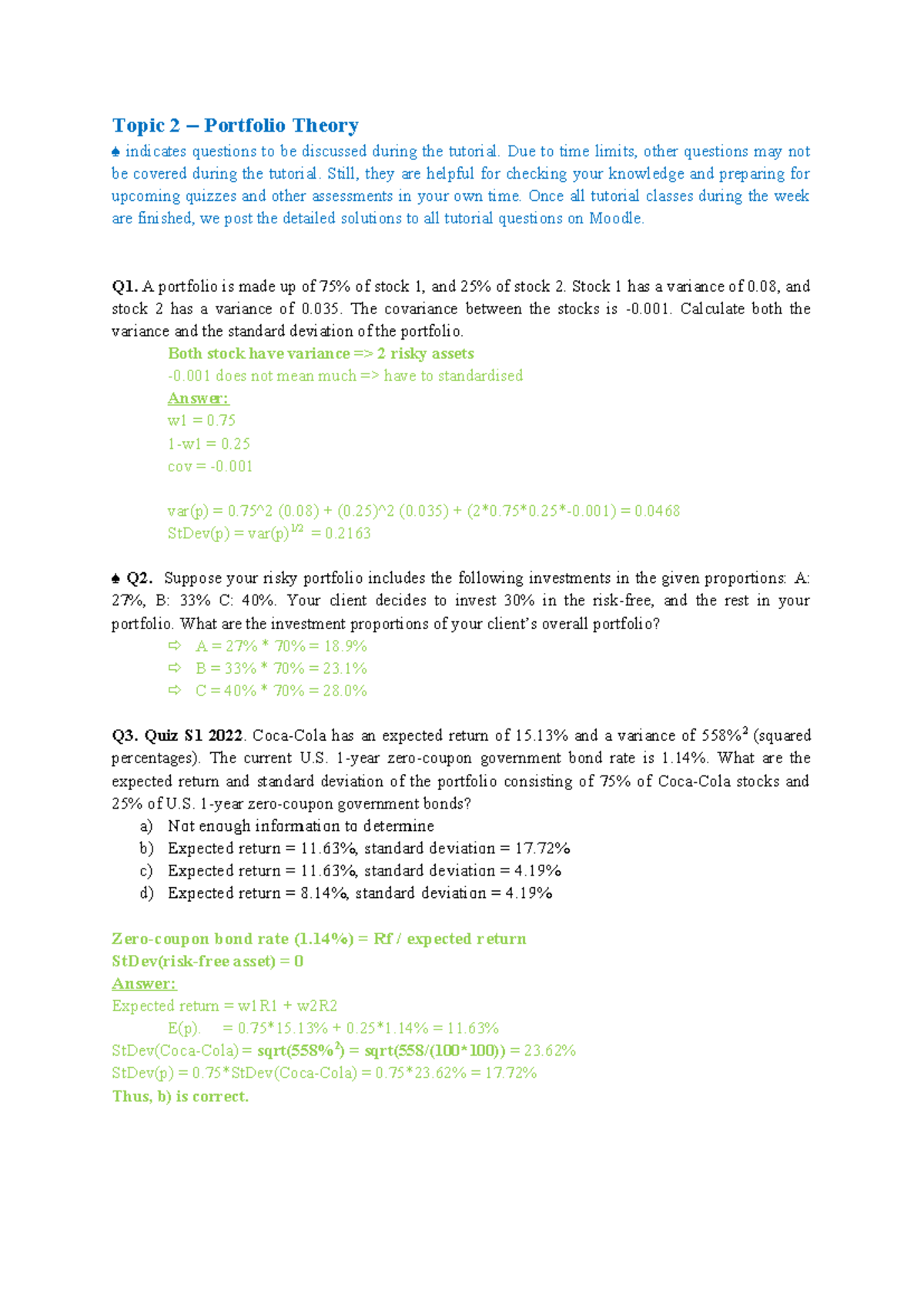 Tutorial 2 Answer key - Topic 2 – Portfolio Theory ♠ indicates ...