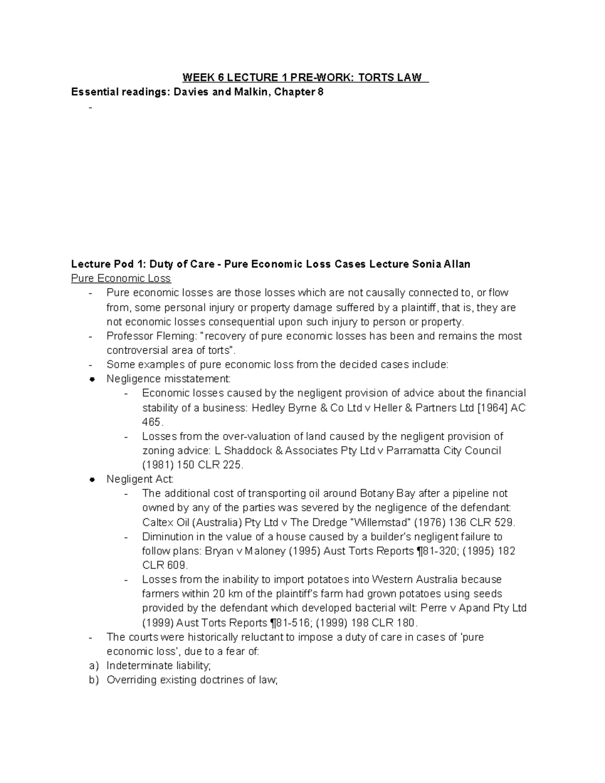 WEEK 6 Lecture 1 PRE-WORK Torts LAW - WEEK 6 LECTURE 1 PRE-WORK: TORTS LAW Essential readings ...