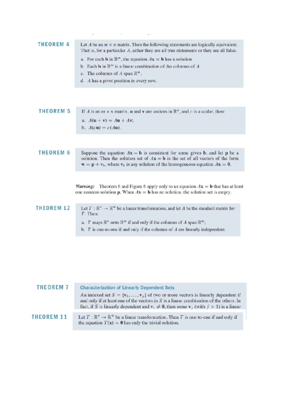 Linear Algebra Theorems - THEOREM 4 a. b. c. ThemlumnsofA d . A has ...