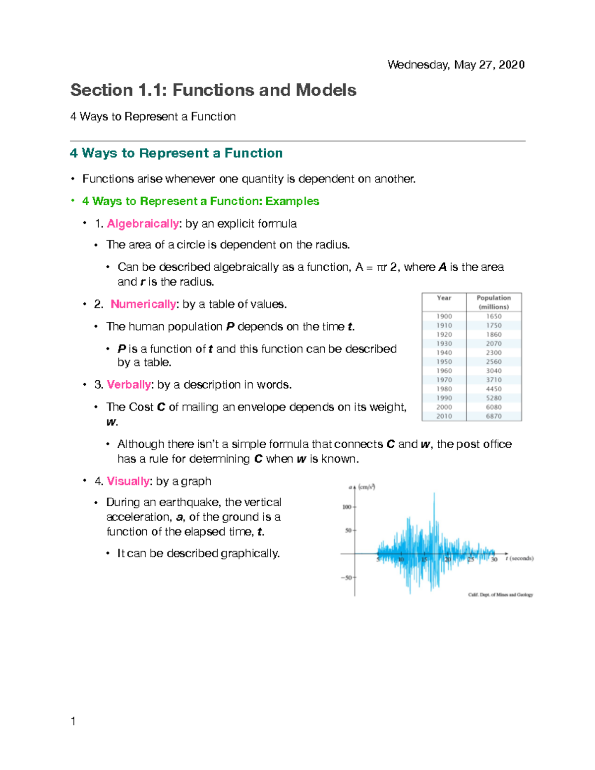 Sections 1-2: Functions and Models - • 4 Ways to Represent a Function ...