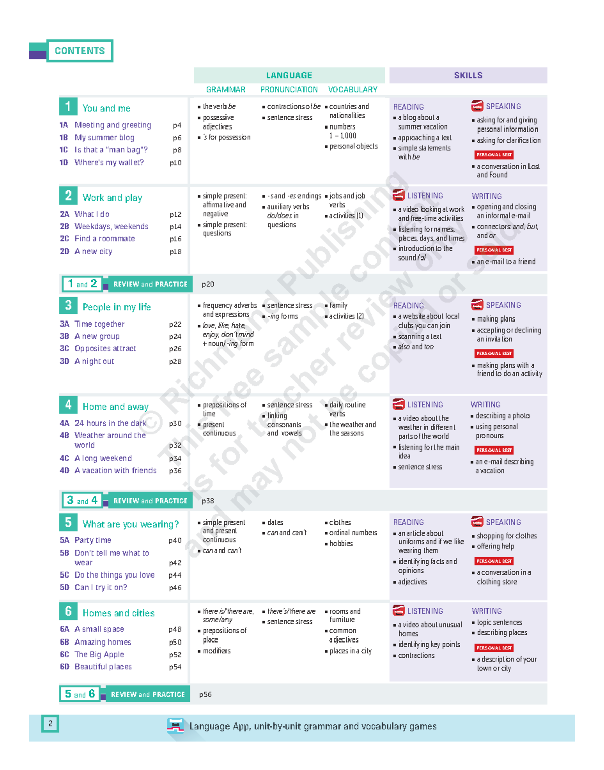 Personal Best A2 Students Book US Edition SS - CONTENTS 2 Language App ...