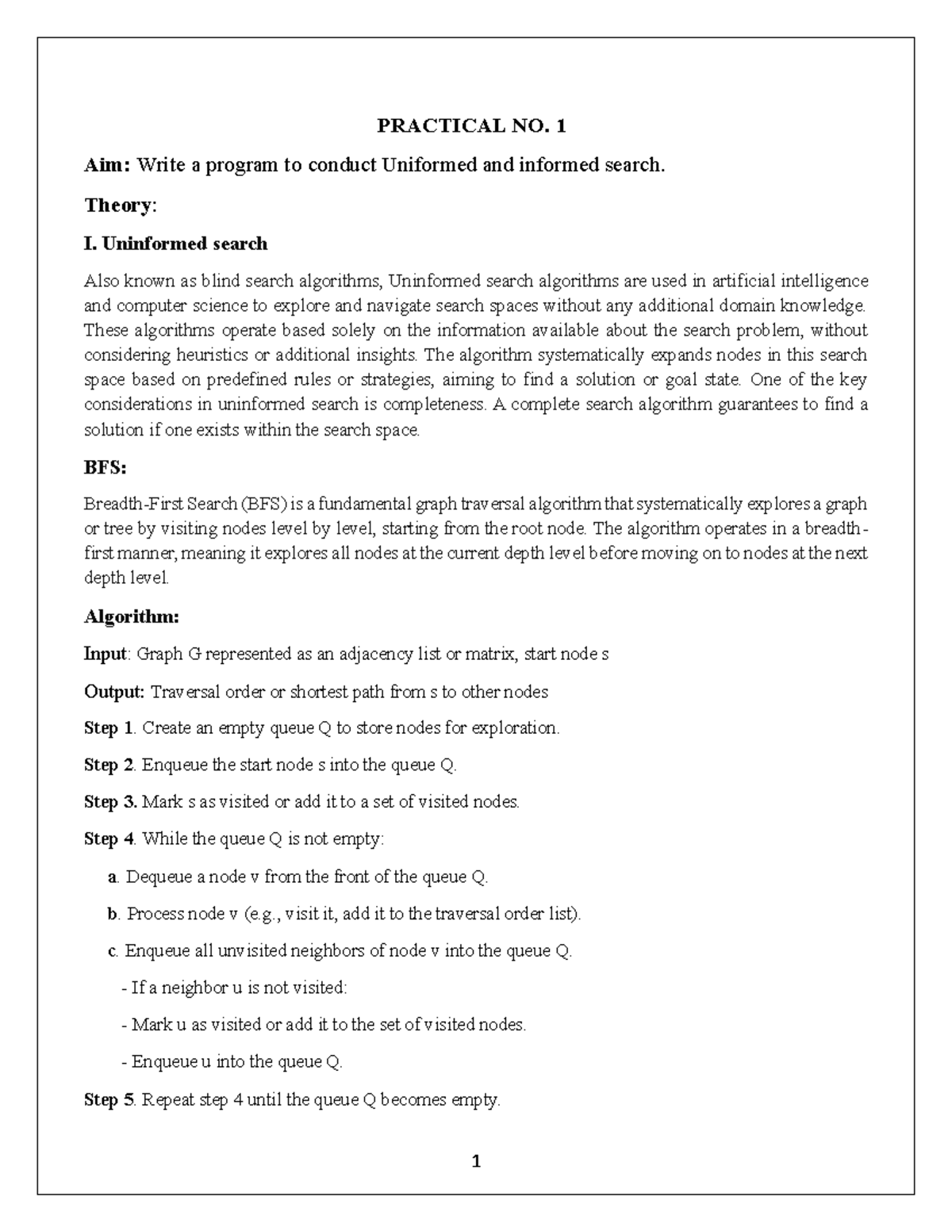 artificial intelligence lab manual - PRACTICAL NO. 1 Aim: Write a program to conduct Uniformed ...