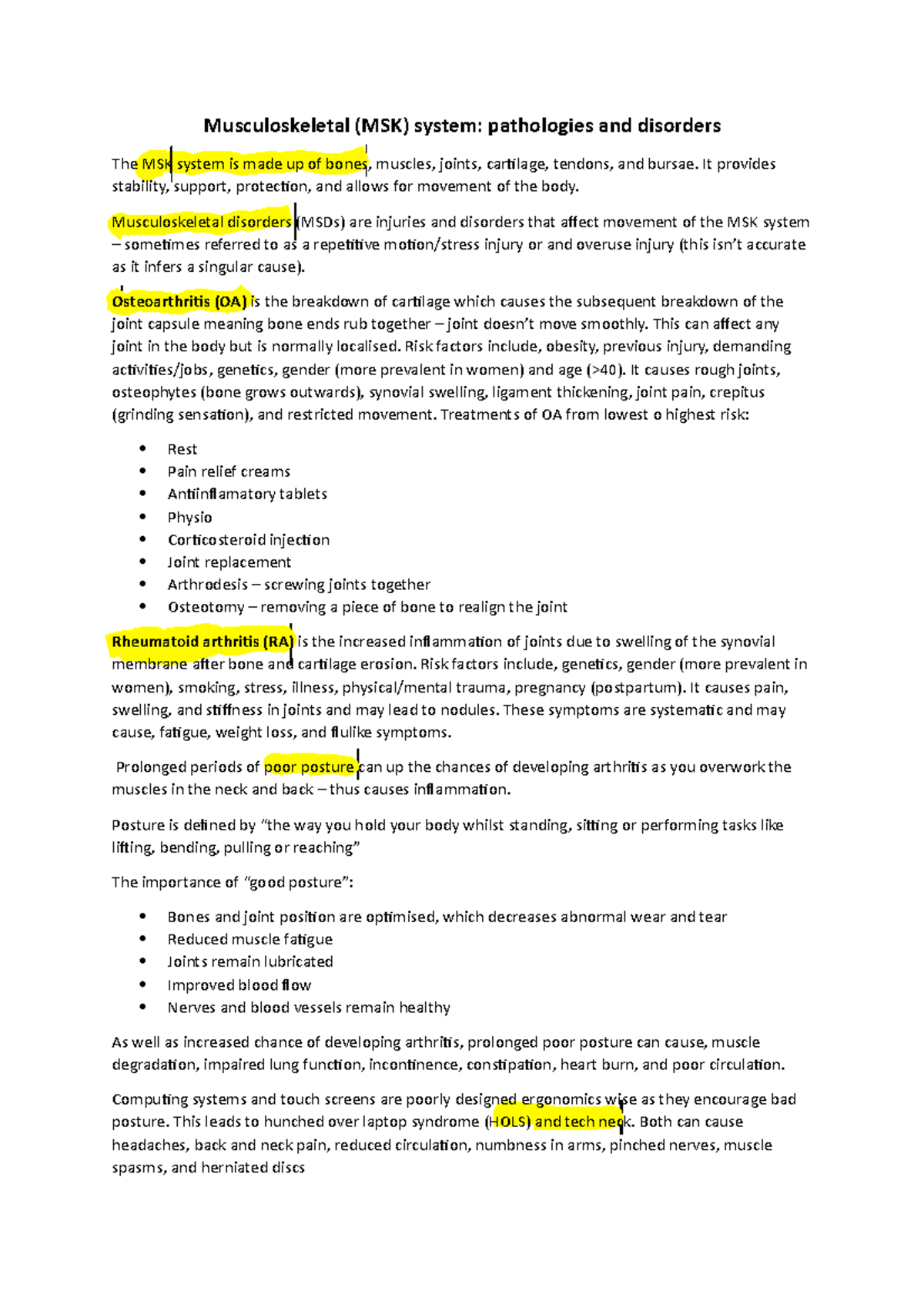 Msk Systems Post Lecture Notes Musculoskeletal Msk System Pathologies And Disorders The
