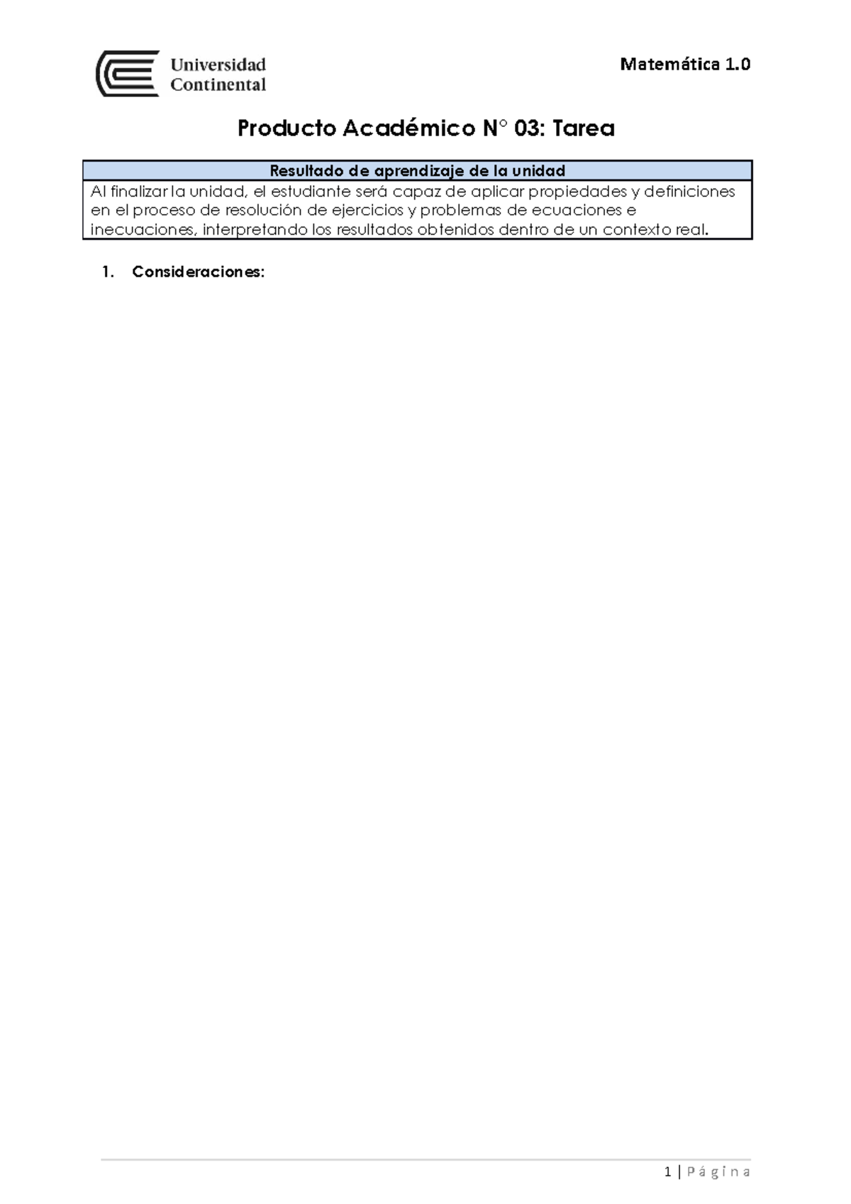 PA3 - nada - Matemática 1. Producto Académico N° 03: Tarea Resultado de aprendizaje de la unidad ...