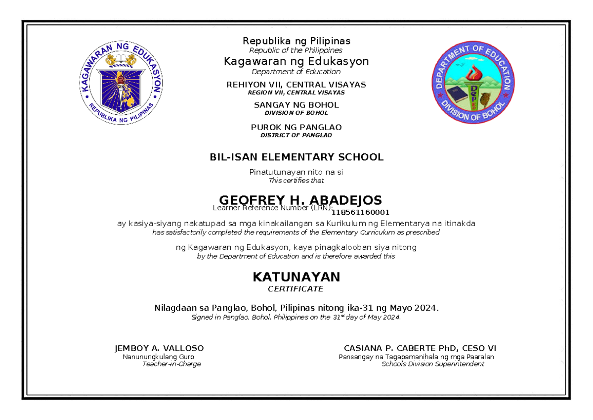 Diploma-ELEM-A4 - Just a Diploma - Republika ng Pilipinas Republic of ...