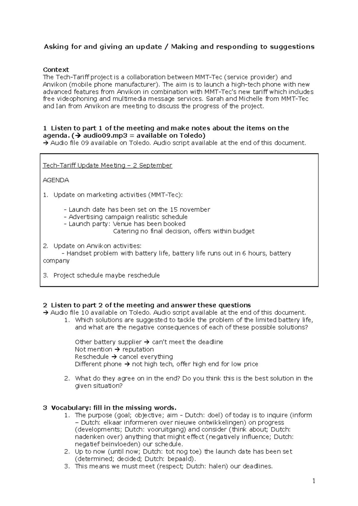 Updates and suggestions handout - Asking for and giving an update ...