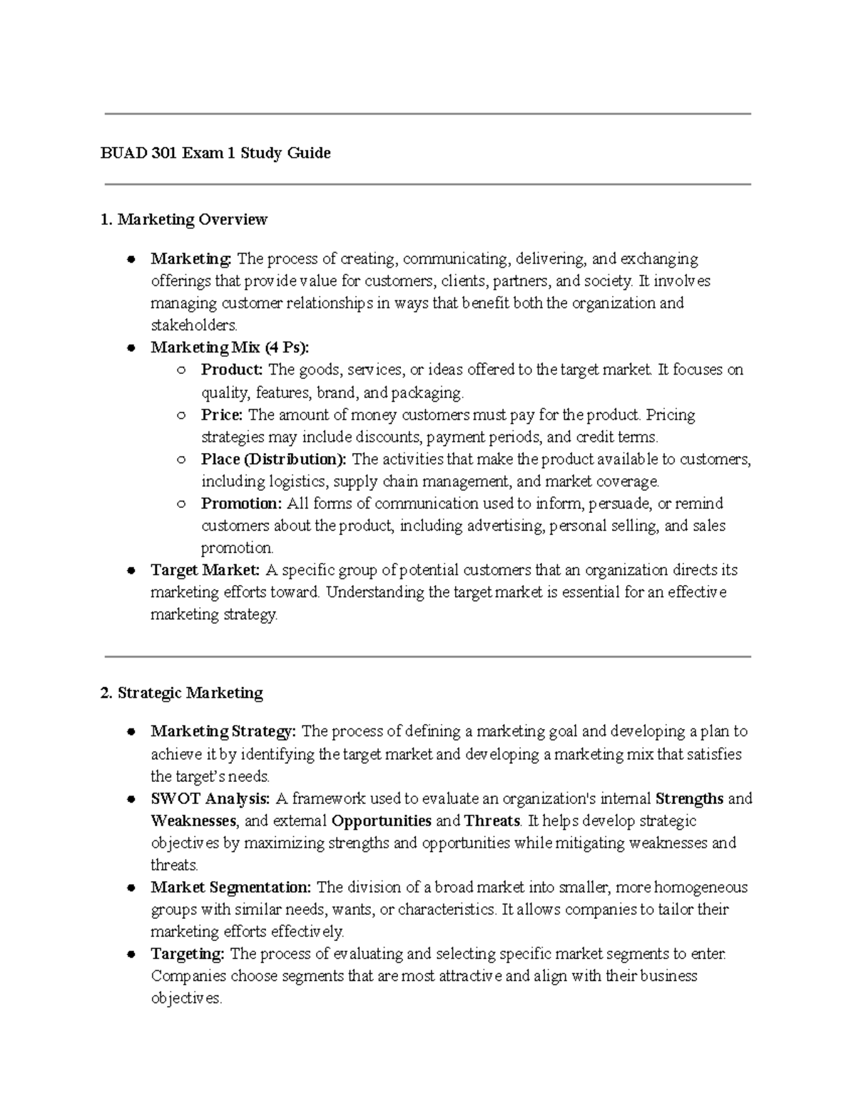 BUAD 301 Exam 1 Study Guide - BUAD 301 Exam 1 Study Guide Marketing ...