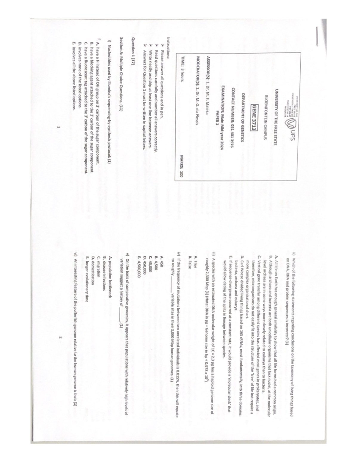 Gene3713 main mid-year exam 2024 paper 1 - UNIVERSITY OF THE FREE STATE ...