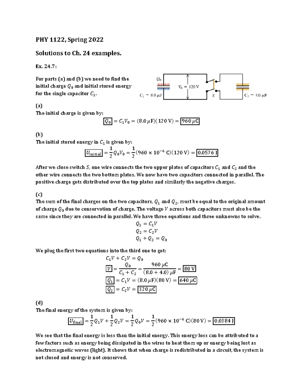 Ch. 24 - Example solutions - PHY 1122, Spring 2022 Solutions to Ch. 24 examples. Ex. 24: For ...