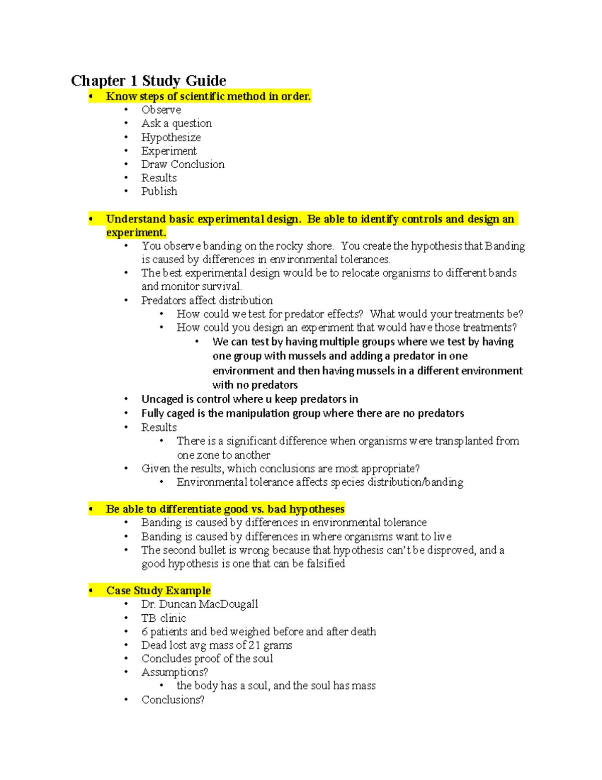 Study Guide - questions to help prepare for exam 1 - Chapter 1 Study ...