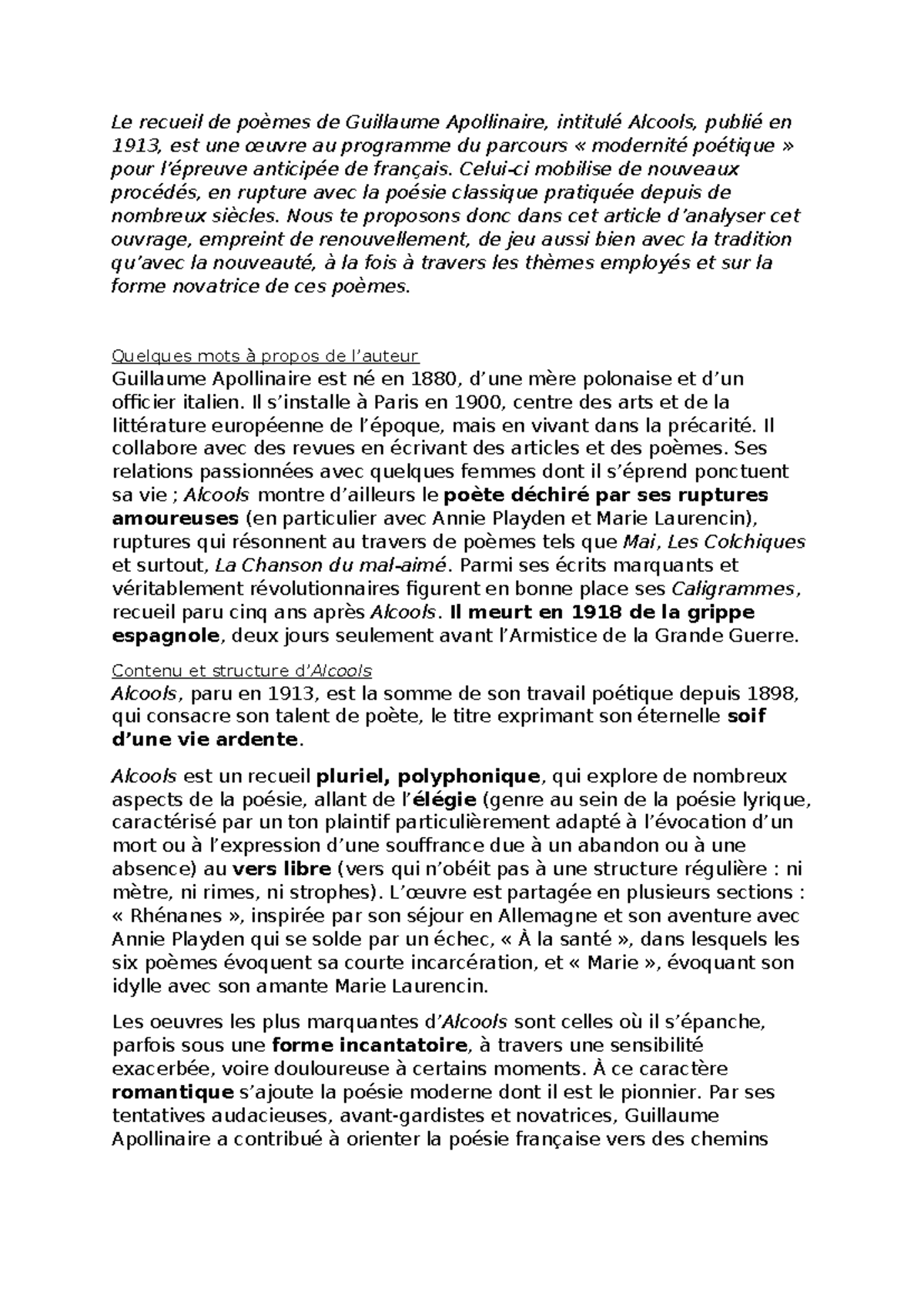 Alcools apollinaire infos - Le recueil de poèmes de Guillaume ...