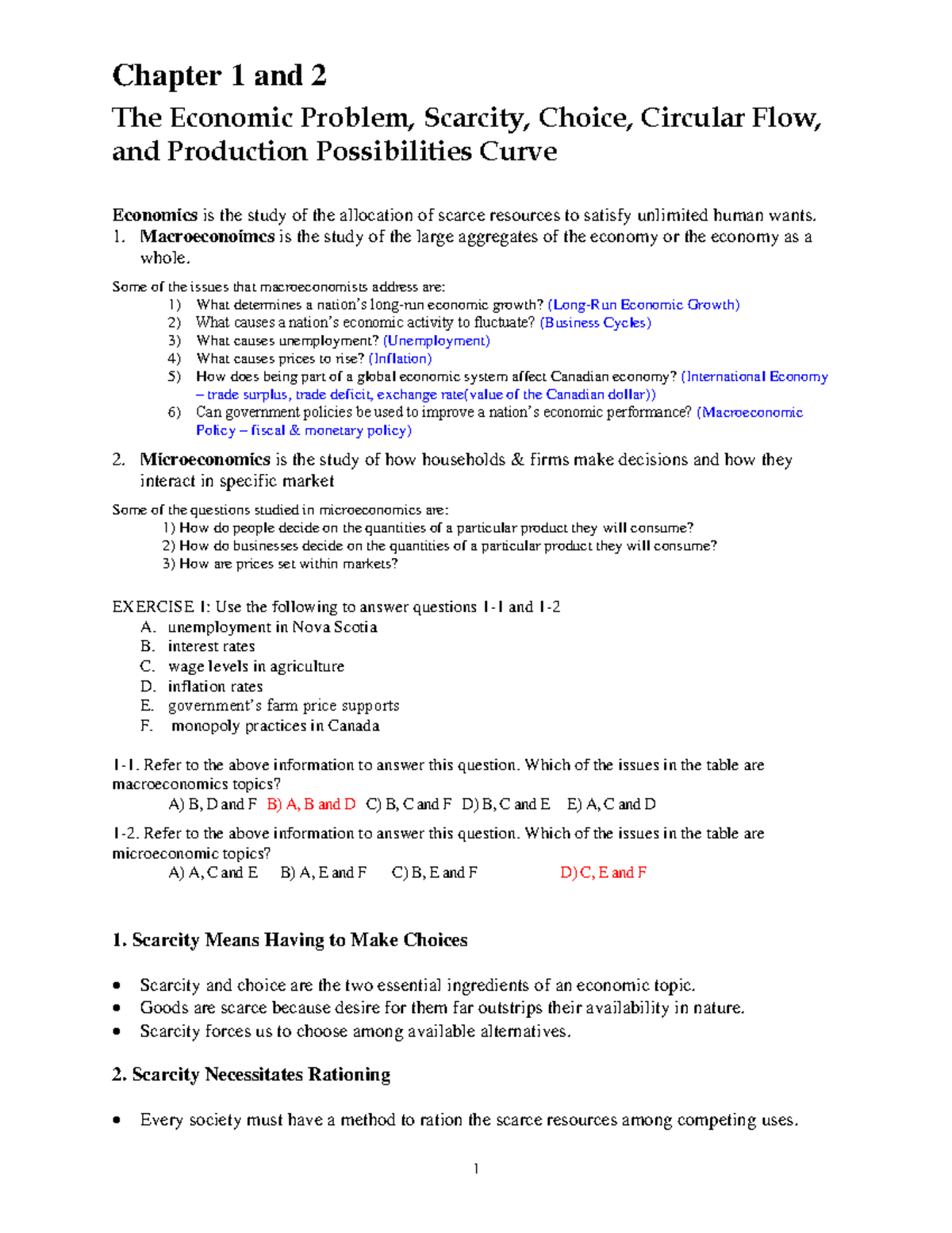 Chapter 1 and 2S - idk - Chapter 1 and 2 The Economic Problem, Scarcity ...