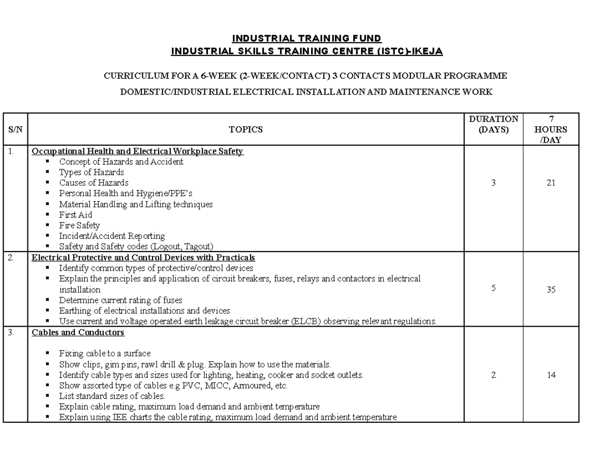 3 contacts 2-week Electrical Curriculum - INDUSTRIAL TRAINING FUND ...