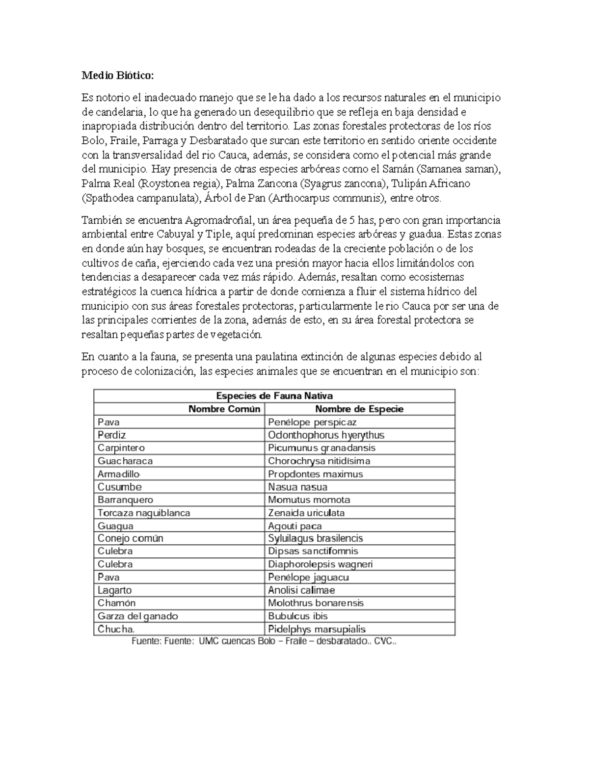 Medio Biótico - Medio Biótico: Es notorio el inadecuado manejo que se le ha dado a los recursos ...