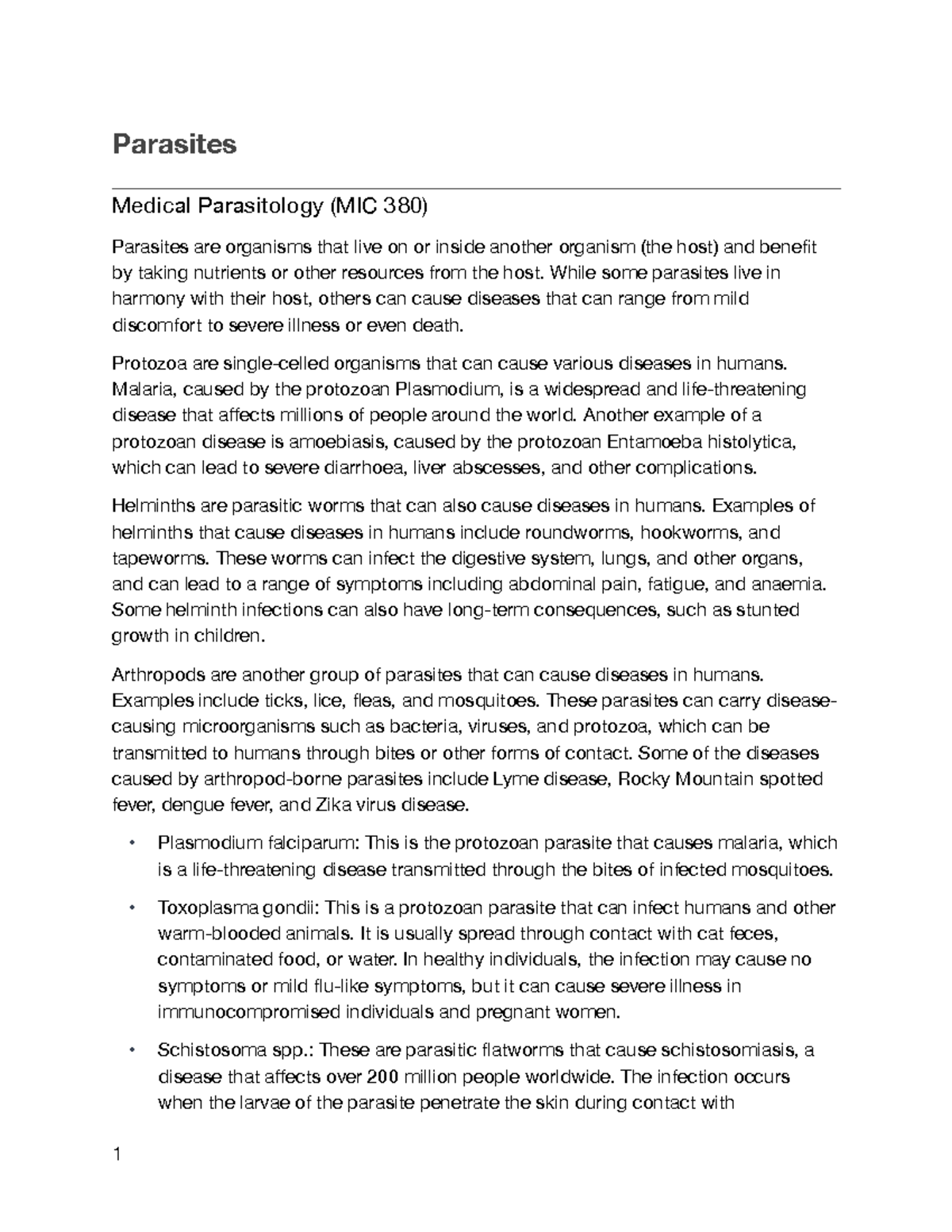 Parasites Notes - Parasites Medical Parasitology (MIC 380) Parasites ...